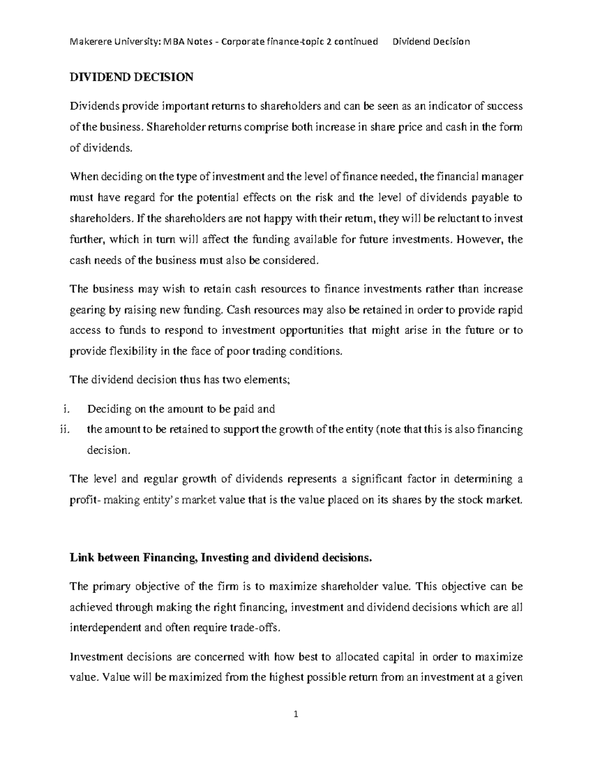 Dividend Policy-MBA Notes- Topic-2 Continued - DIVIDEND DECISION ...