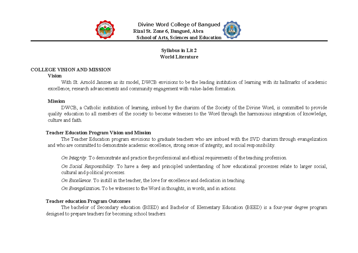 Syllabus in Lit 2 - Literary Notes - Rizal St. Zone 6, Bangued, Abra ...