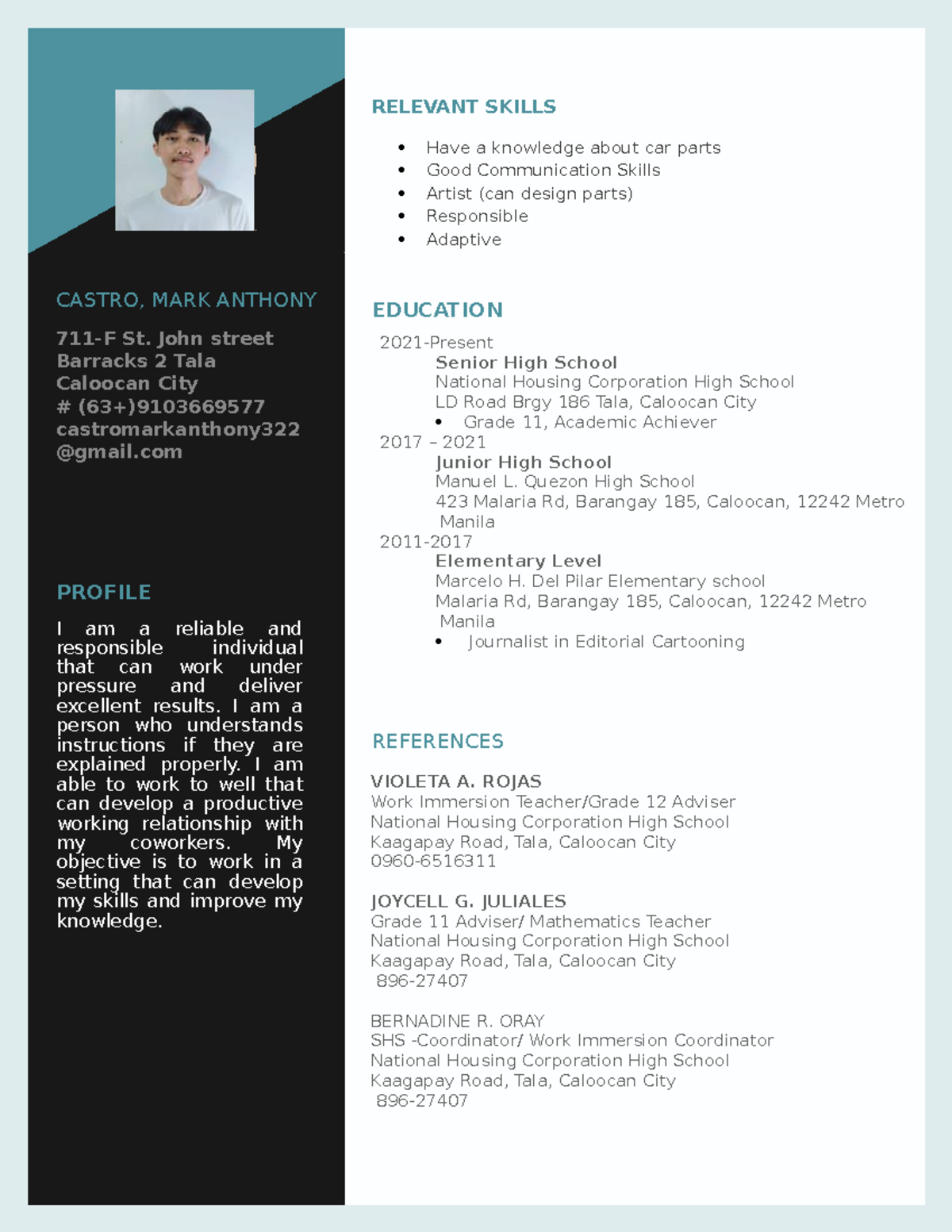 Work Immersion Resume Castro - 2/28/ VIOLETA A. ROJAS Work Immersion ...