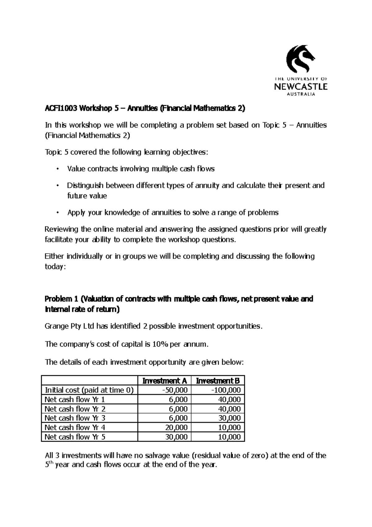 ACFI1003 Tutorial week 5 - Annuities - ACFI1003 Workshop 5 – Annuities ...