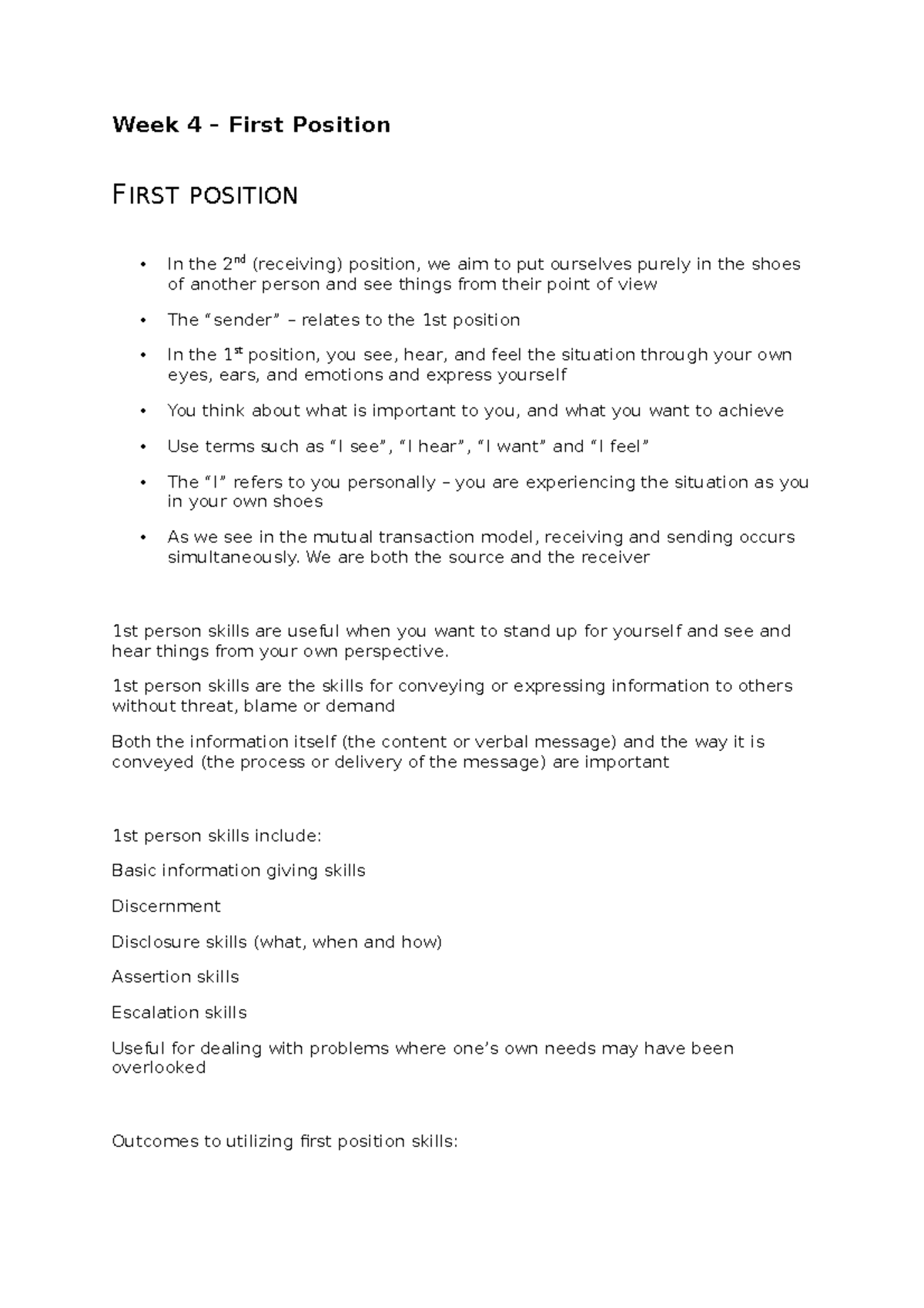 Week 4 - Lecture notes 4 - Week 4 – First Position FIRST POSITION In ...