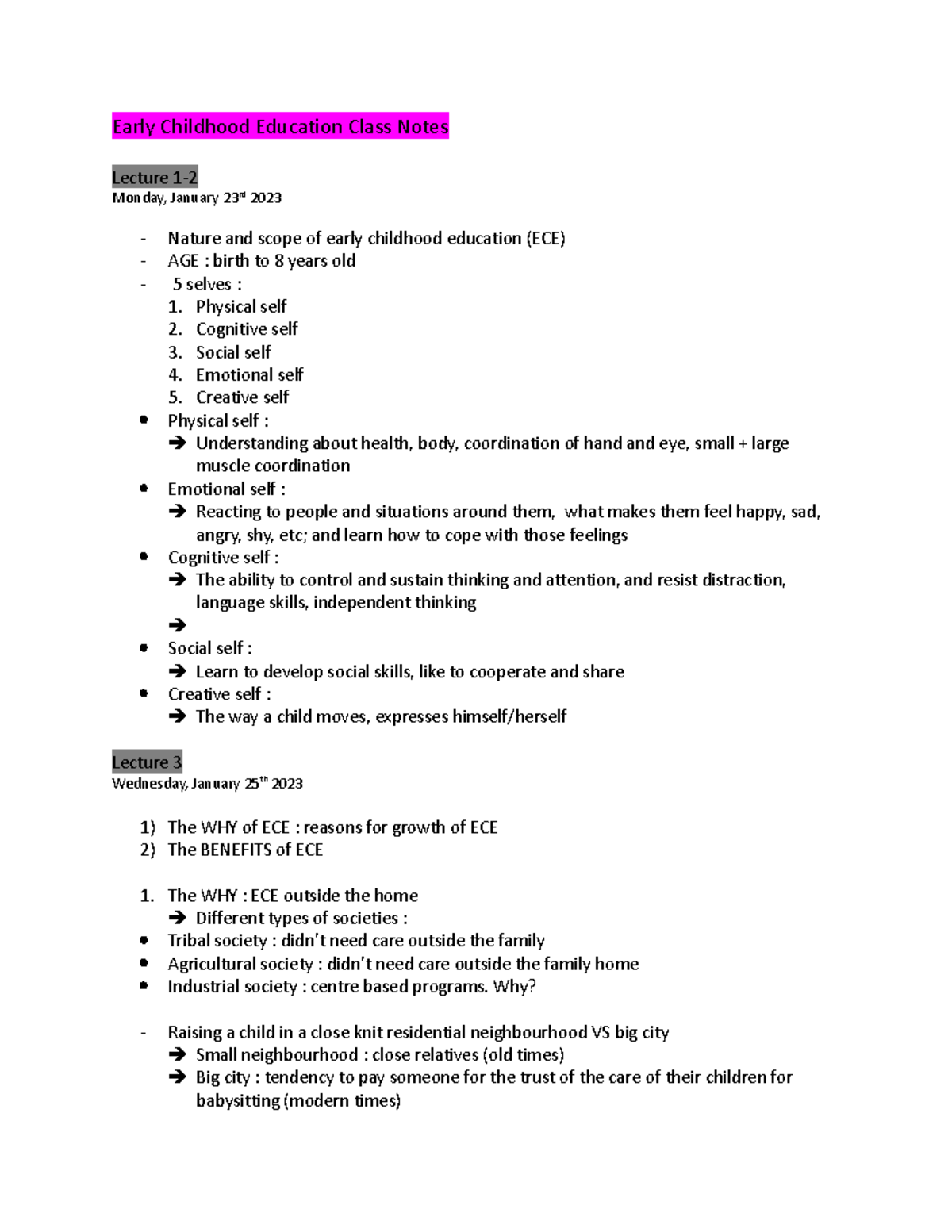 ECE class notes 2 - on early childhood education - Early Childhood ...