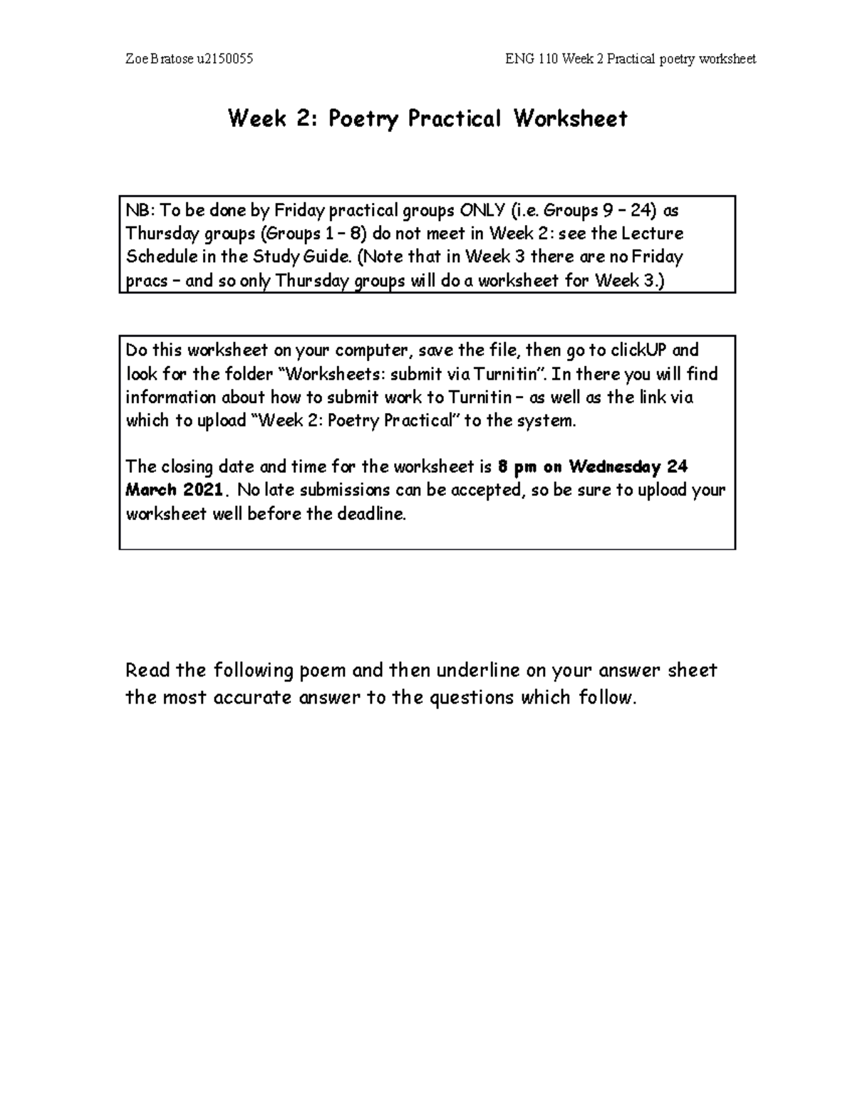 Week 2 practical worksheet completed - Week 2: Poetry Practical ...