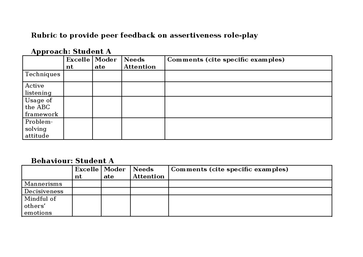 Rubric for Students to provide Feedback on Assertiveness[ 14] - Rubric ...