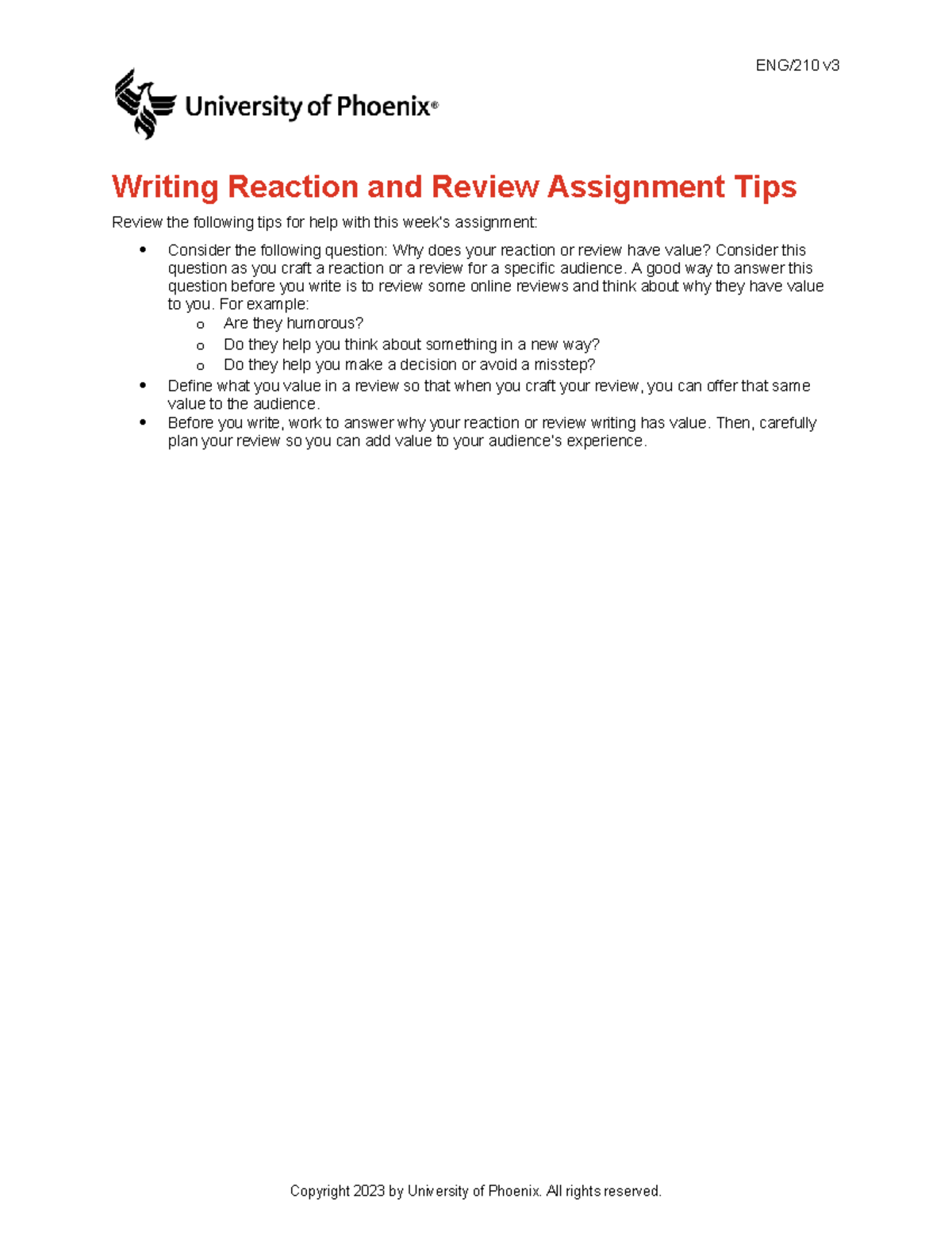 Eng210 v3 wk2 writing reaction and review assignment tips - ENG/210 v ...