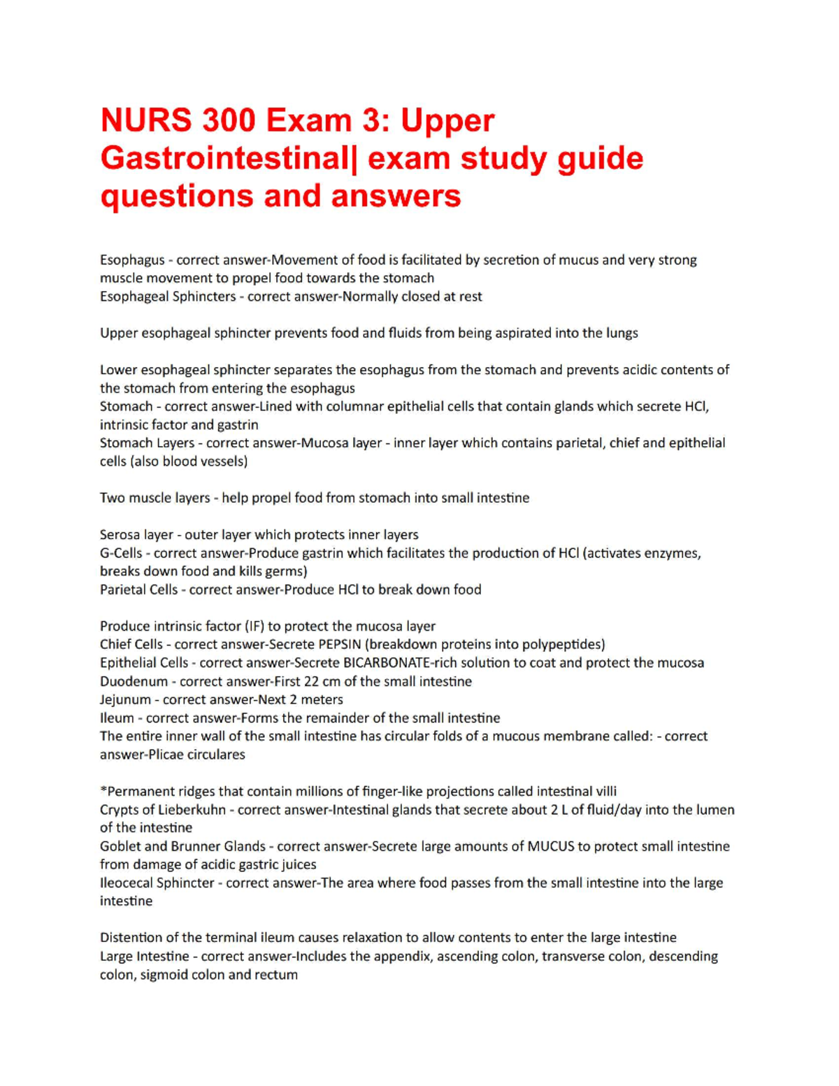 NURS 300 Exam 3 Upper Gastrointestinal exam study guide questions and ...