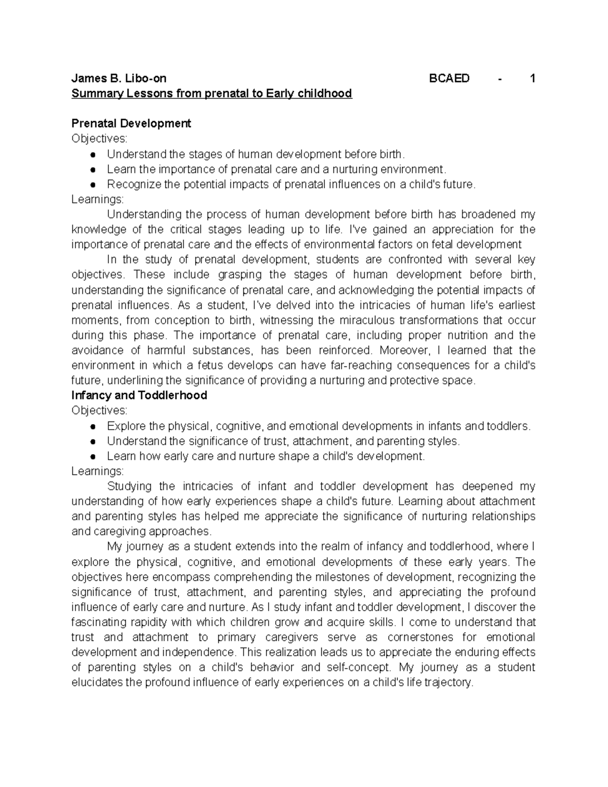 Summary lessons Prenatal to Early Childhood Development - James B. Libo ...