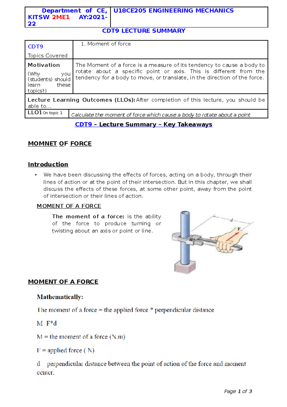 EM CDT9 WEEK3 2021-22 - Moment of force - Department of CE, KITSW 2ME1 ...