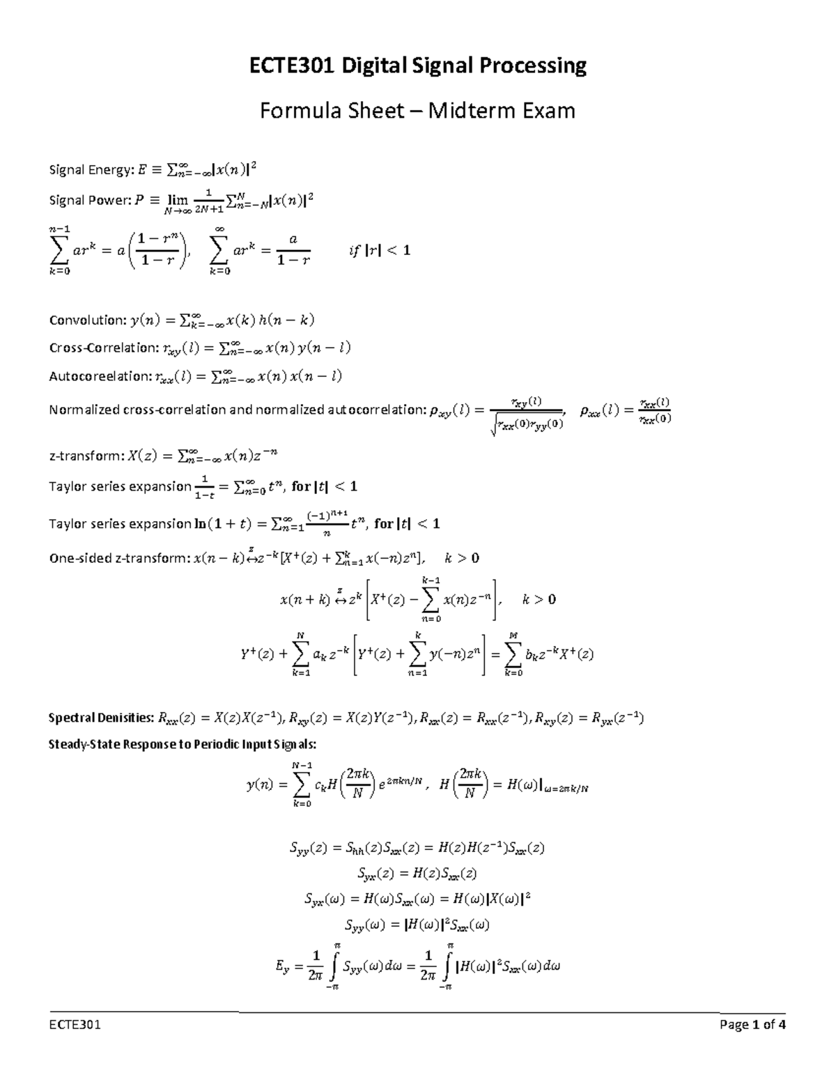ECTE301 Formula Sheet for ecte301 subject - ECTE301 Digital Signal Processing Formula Sheet ...