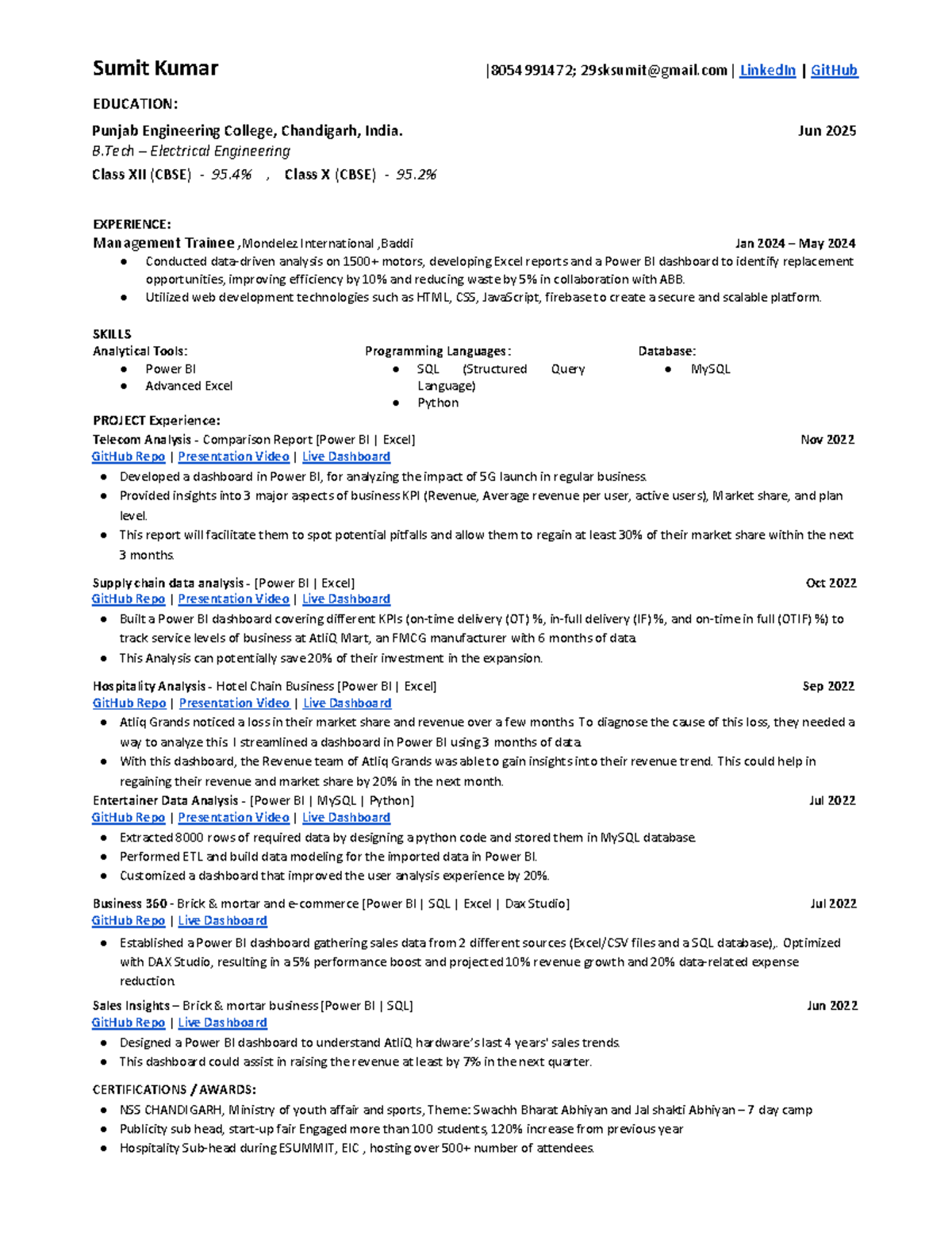 Sumit data analyst resume - Sumit Kumar |8054991472; 29sksumit@gmail| LinkedIn | GitHub ...