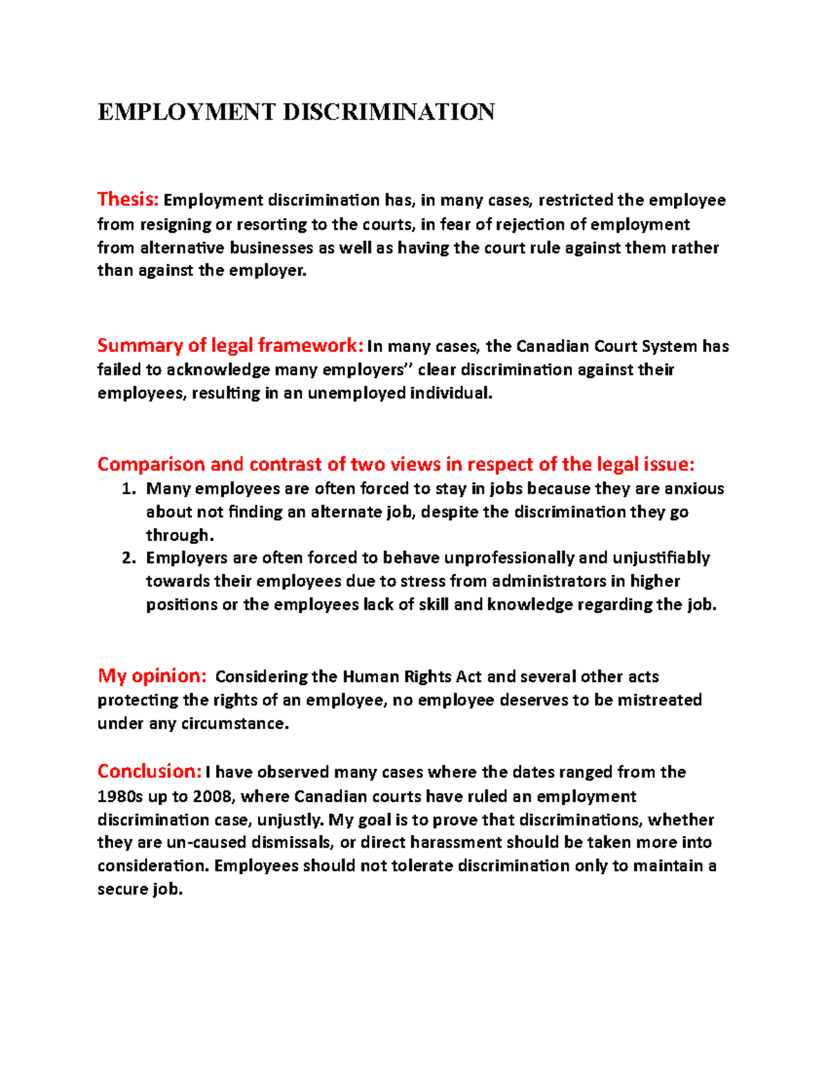 Employment Discrimination - Summary of legal framework: In many cases ...
