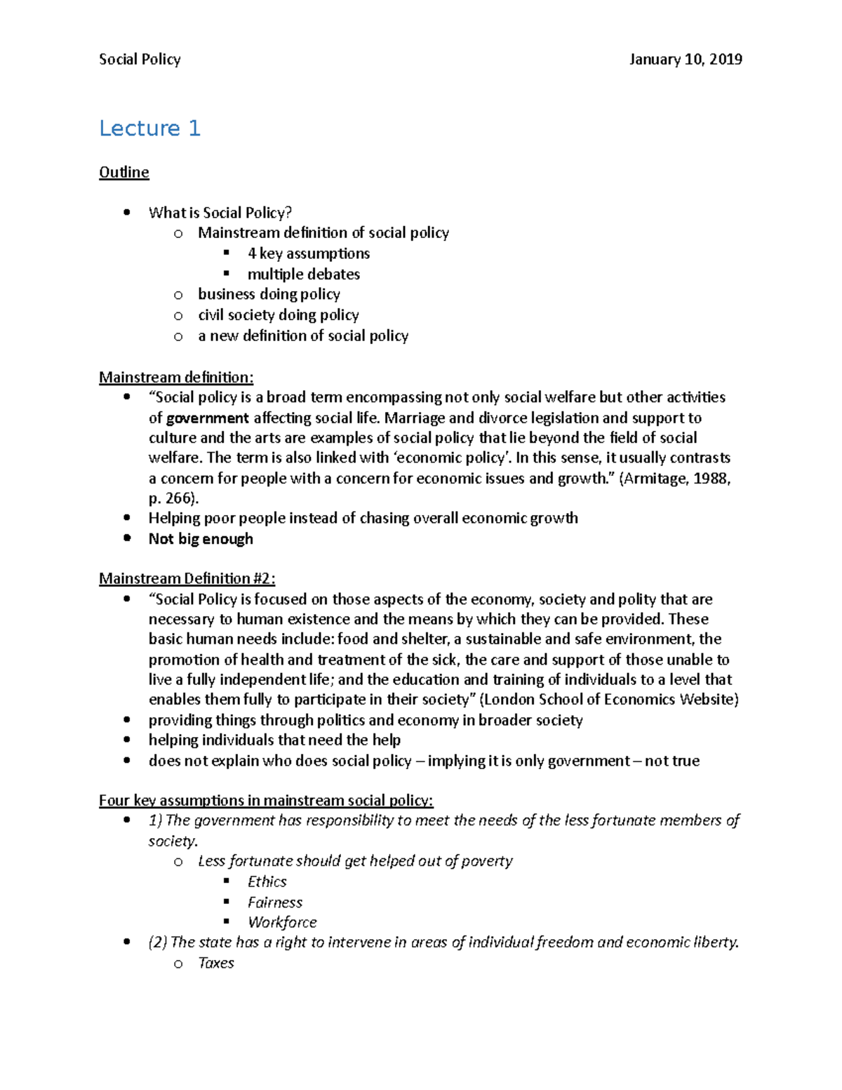 Lecture 1 - January 10, 2019 - Lecture 1 Outline What is Social Policy ...