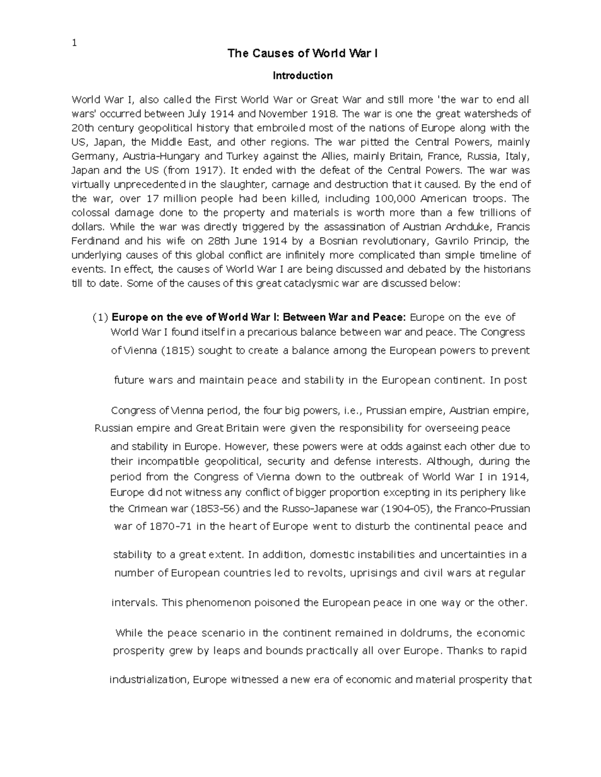 Causes of WW1 - 1 The Causes of World War I Introduction World War I ...