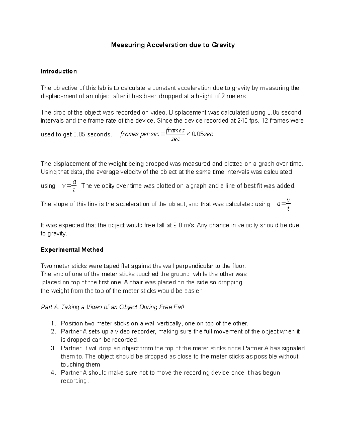 Copy of Measuring Acceleration due to Gravity - Cblg 143 - Toronto Met ...