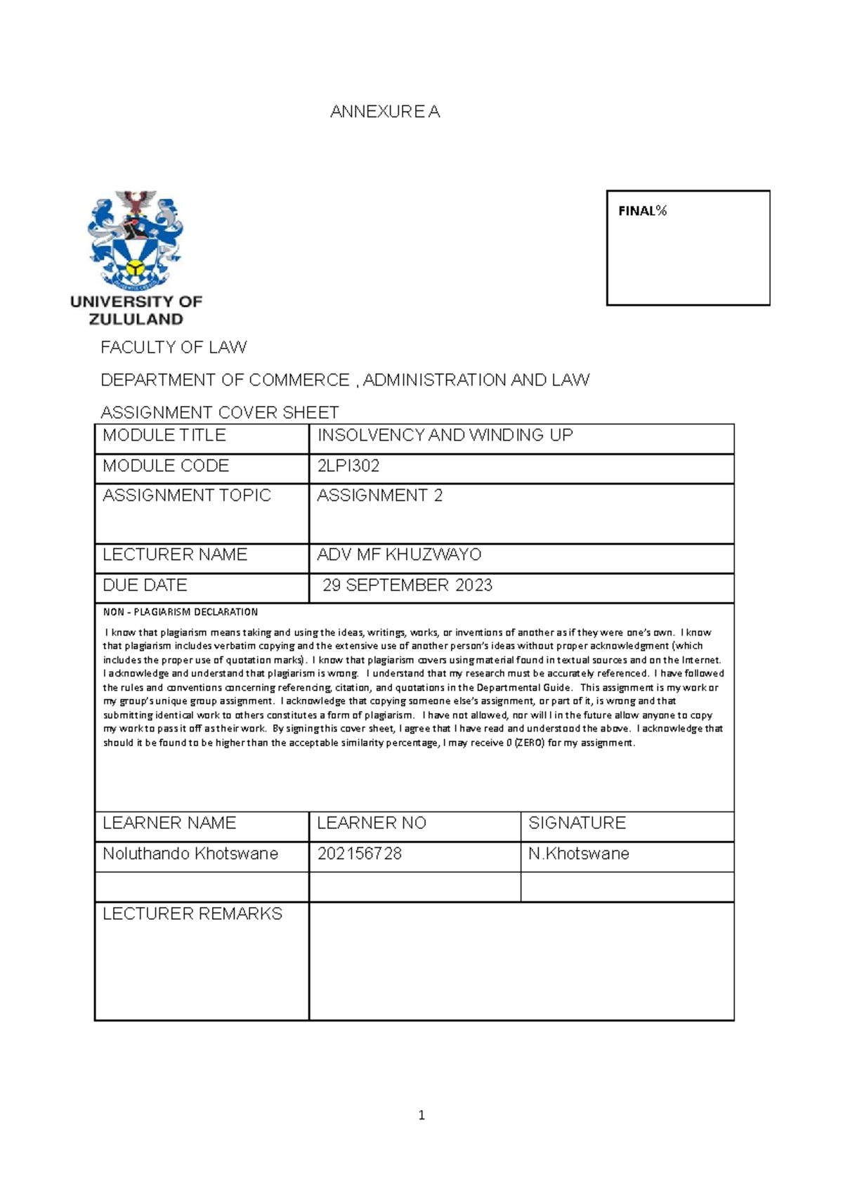 2LPI302 Assignment 2 cover and template copy - ANNEXURE A FACULTY OF ...