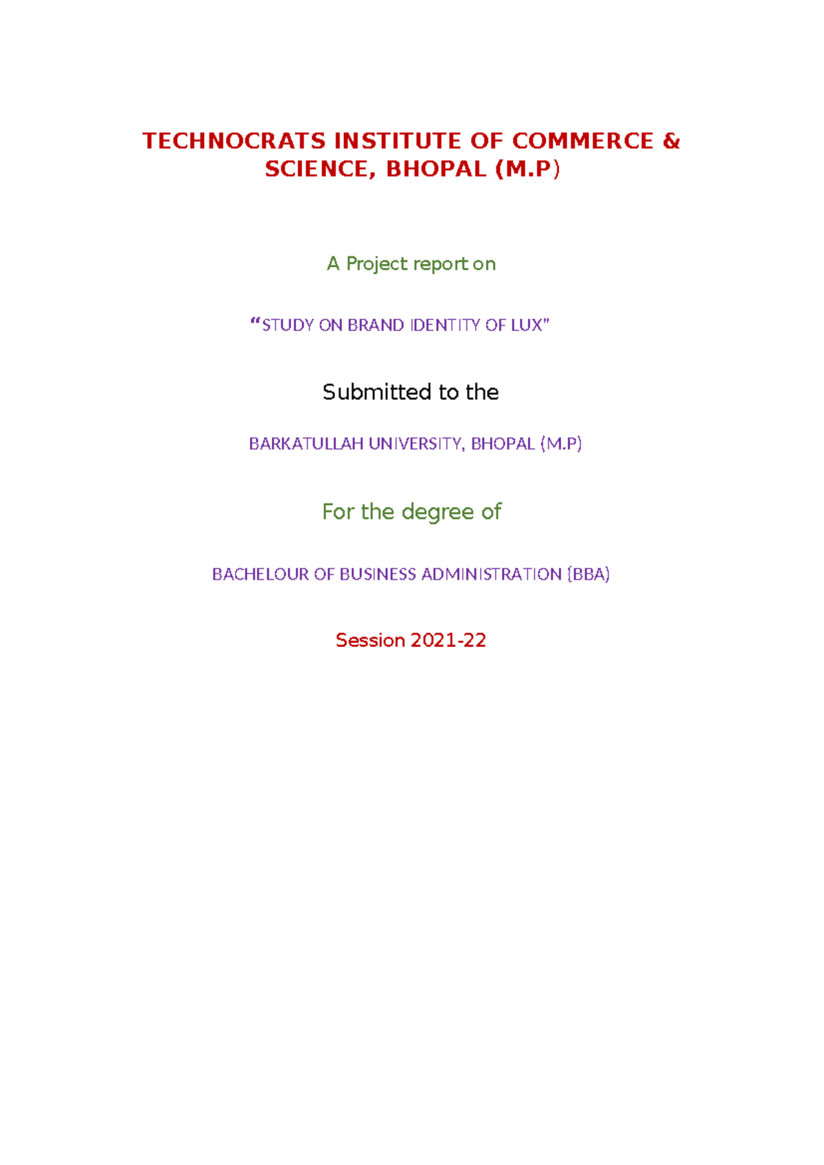 Certificate - please give a project report - TECHNOCRATS INSTITUTE OF COMMERCE & SCIENCE, BHOPAL ...