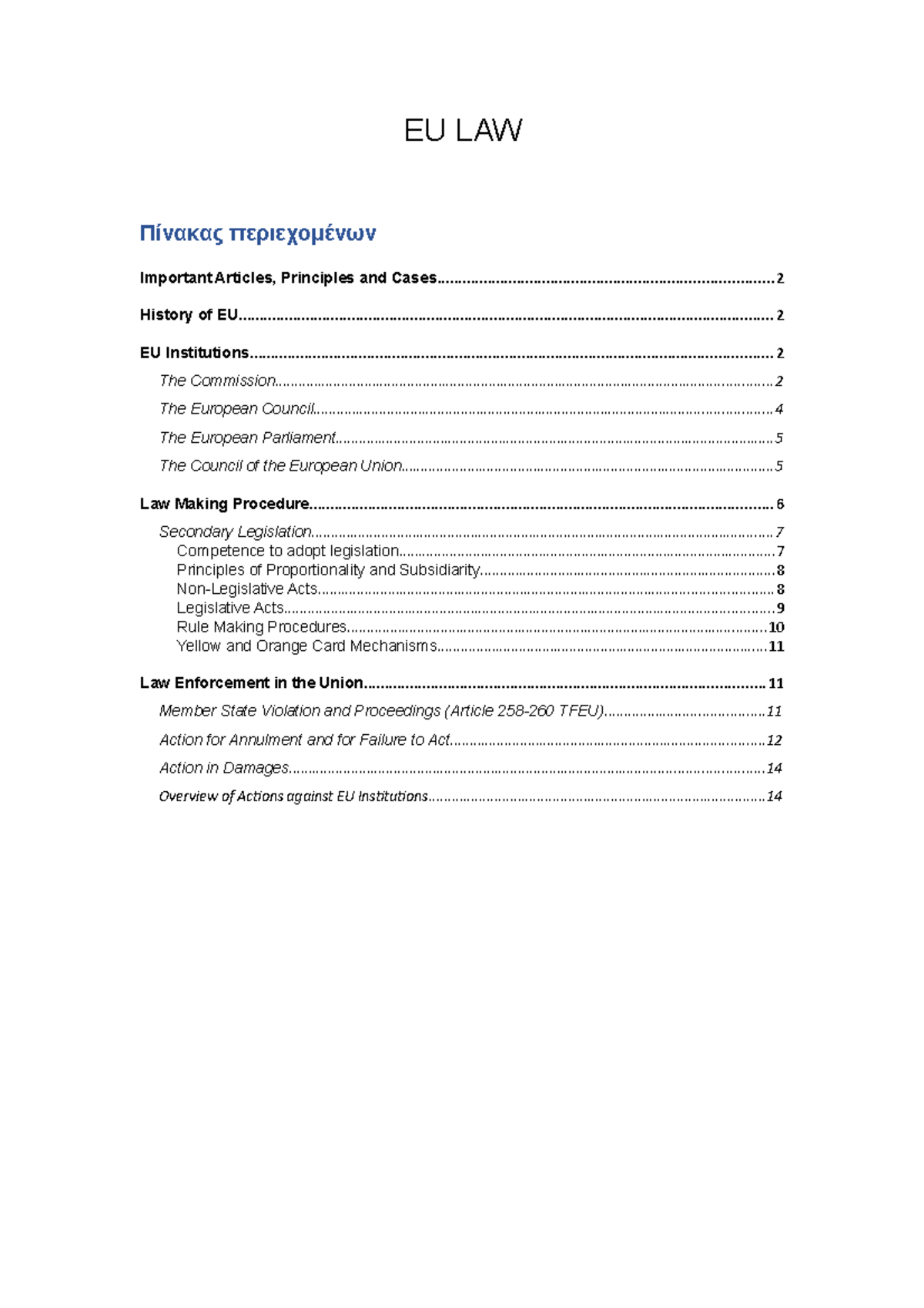 EU LAW Notes - EU LAW Πίνακας περιεχομένων Important Articles ...