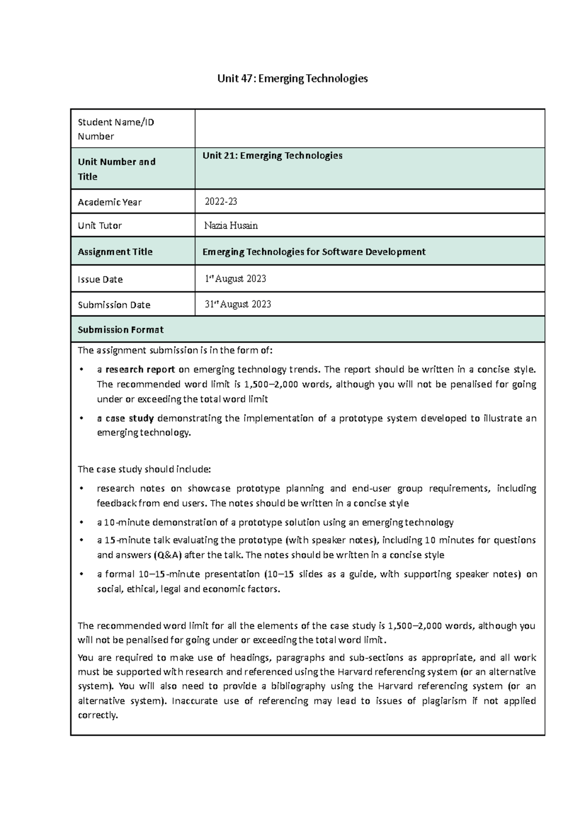 Unit 47 Emerging Technologies- Assignment Brief - Unit 47: Emerging ...