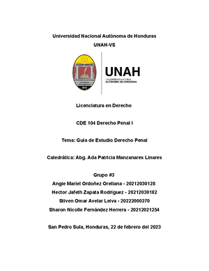 Ejercicios prácticos I parcial Penal II - UNIVERSIDAD NACIONAL AUT”NOMA DE HONDURAS FACULTAD DE ...