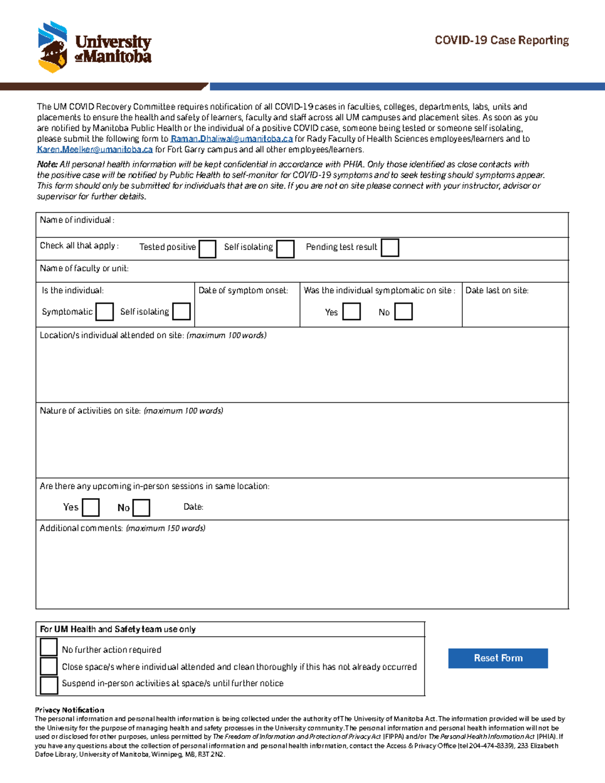 Covid 19 reporting form - Name of individual : Check all that apply ...