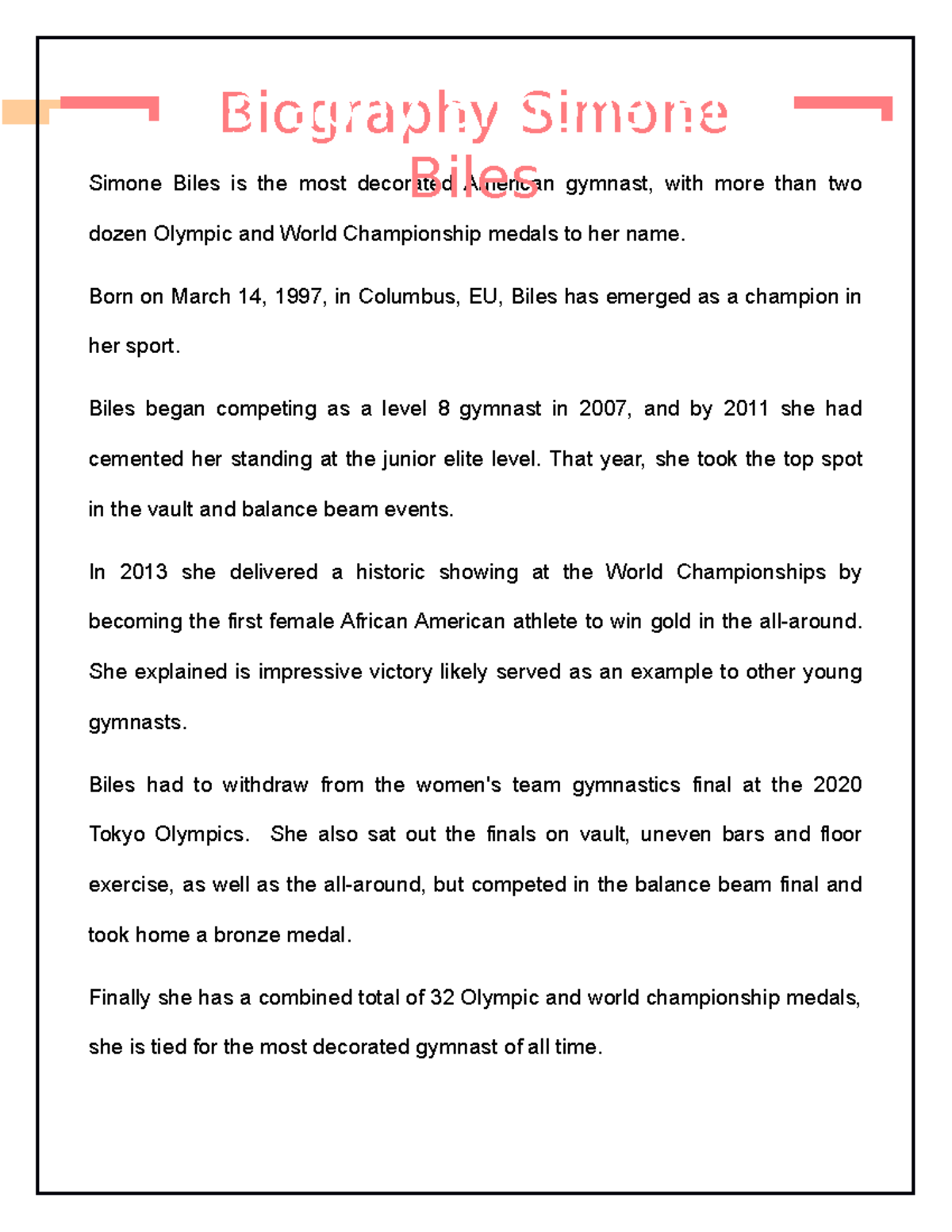 Biography Simone Biles - Simone Biles is the most decorated American ...