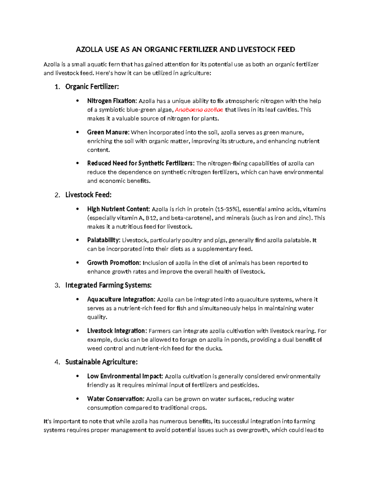 Azolla USE AS AN Organic Fertilizer AND Livestock FEED - AZOLLA USE AS ...