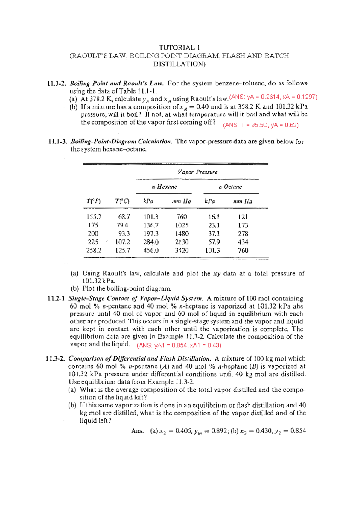 Tutorial 1 - Separation Process - (RAOULT’S LAW, BOILING POINT DIAGRAM ...
