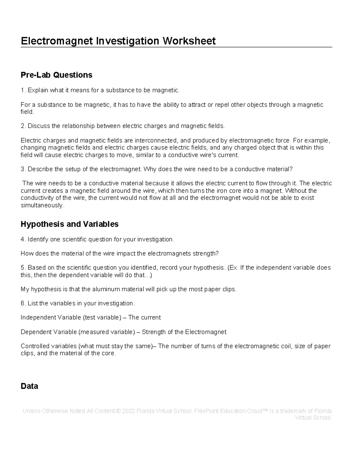 2.06 - Electromagnets GM - Electromagnet Investigation Worksheet Pre ...