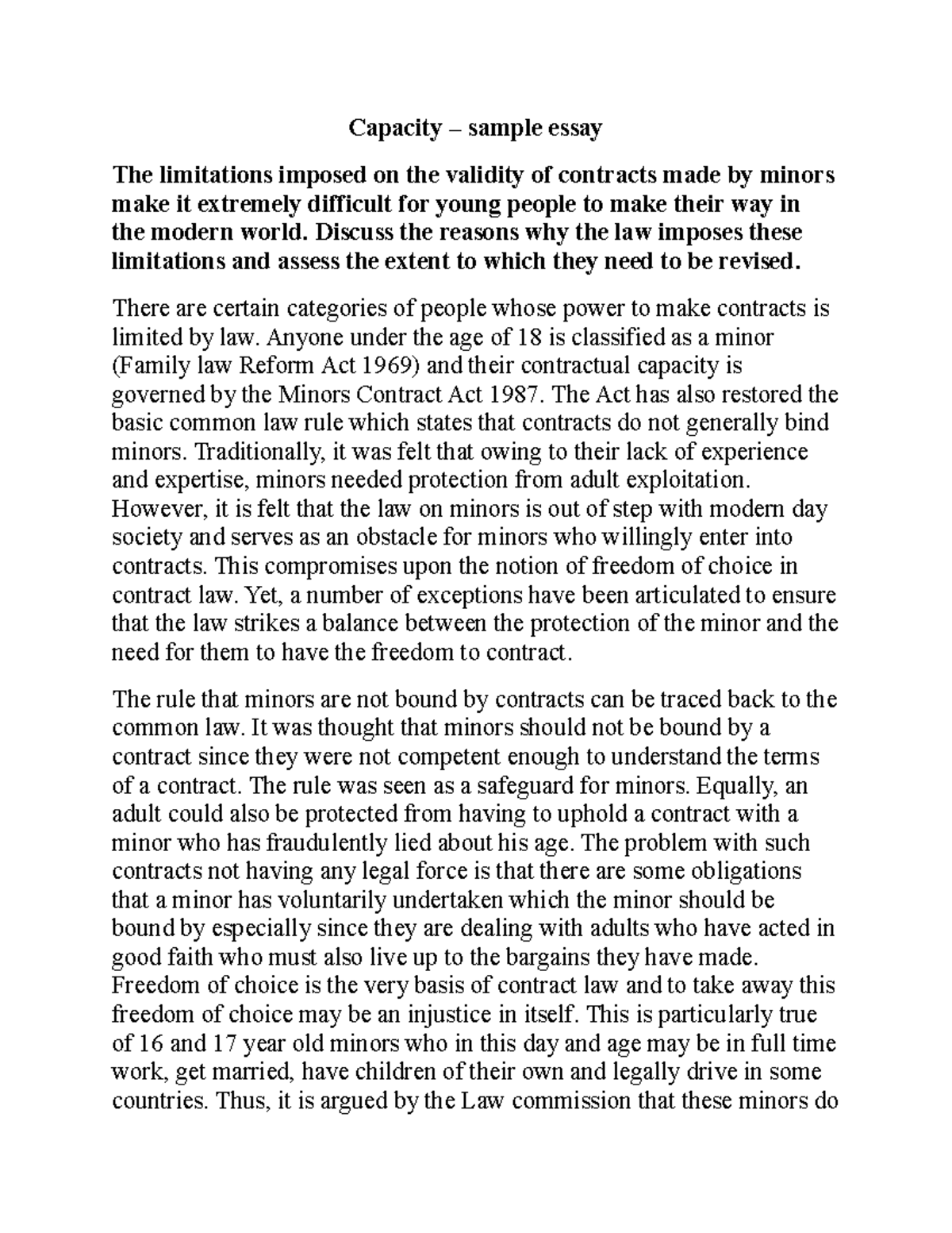 Capacity (minors only) - Capacity – sample essay The limitations ...