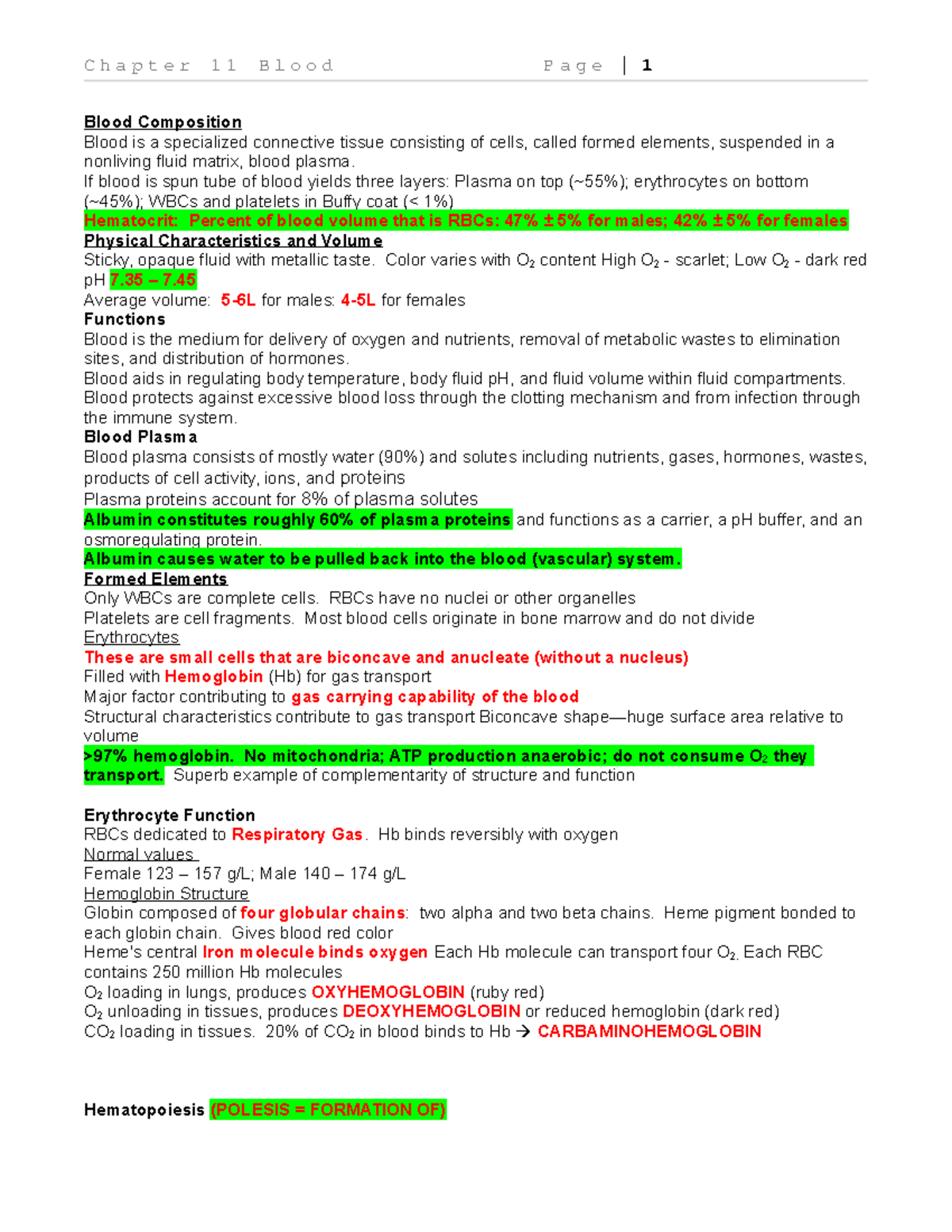 Chapter 11 - Blood - Comprehensive notes from Mrs. Thompson's class ...