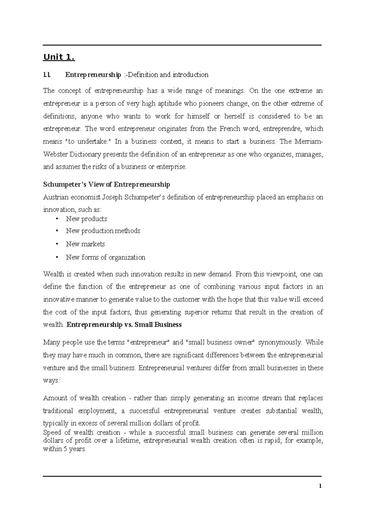 Unit 1 notes - Unit 1. l. Entrepreneurship :-Definition and ...