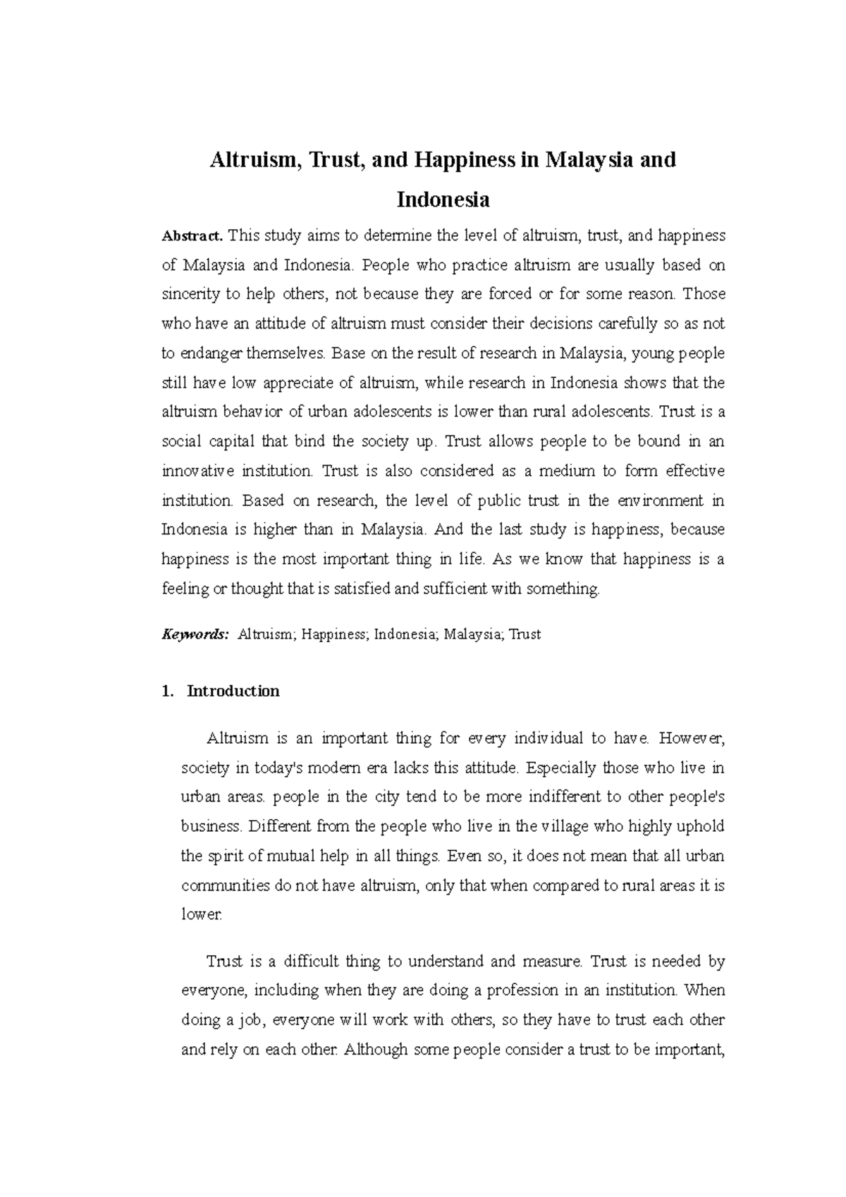 Altruism - This study aims to determine the level of altruism, trust ...
