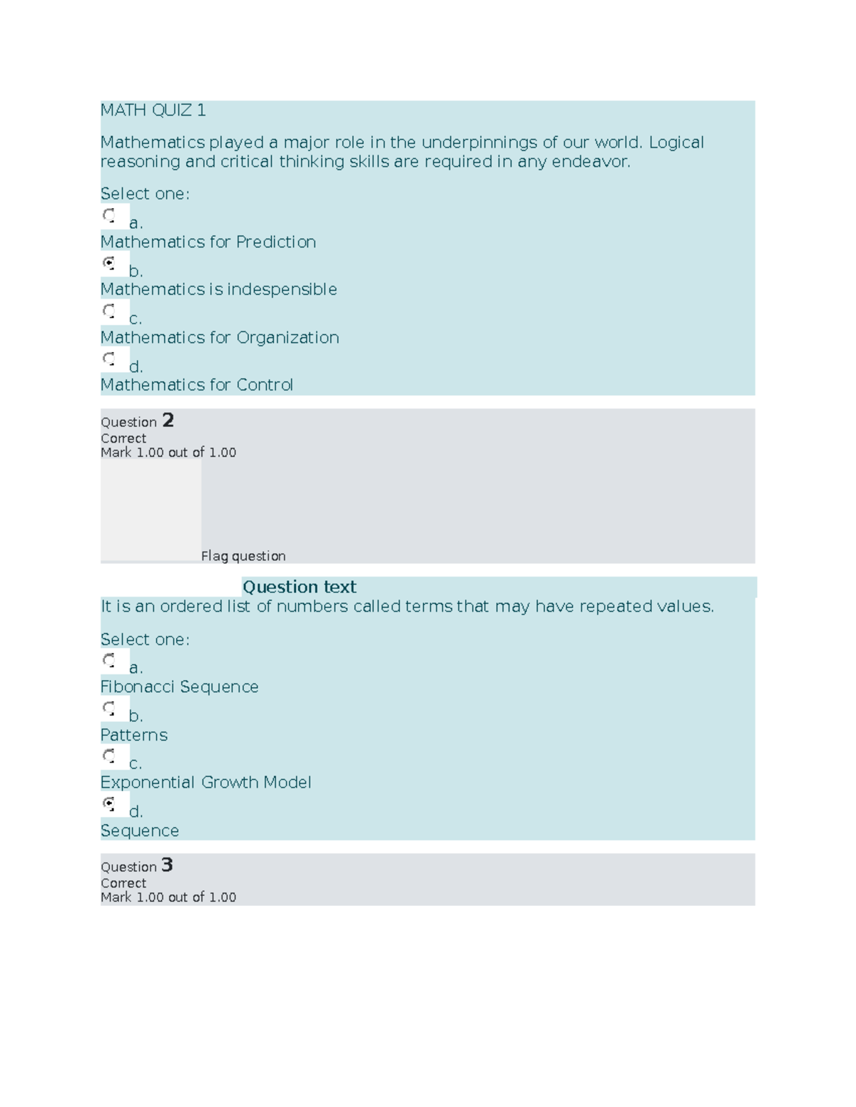 MATH QUIZ 1 - good luck - MATH QUIZ 1 Mathematics played a major role ...