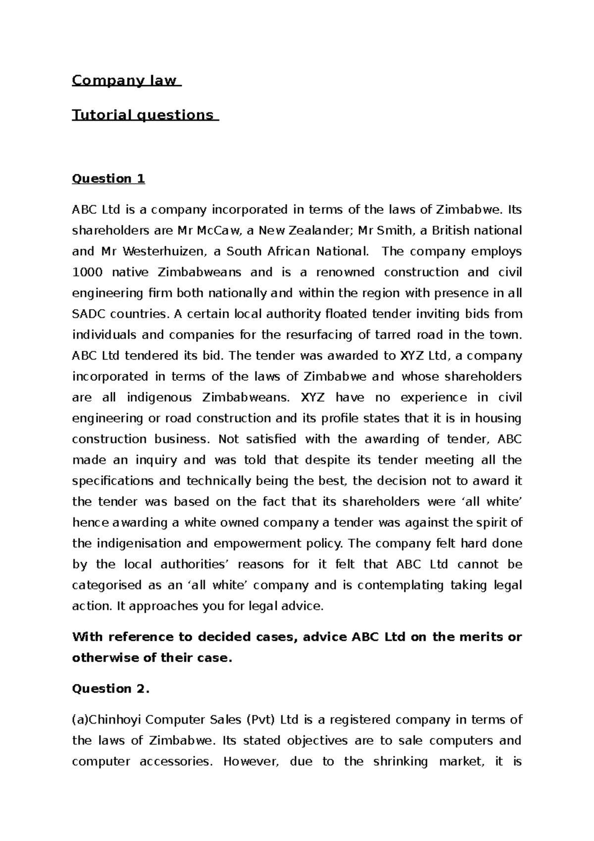 Company law tutorial questions 2022 - Company law Tutorial questions ...