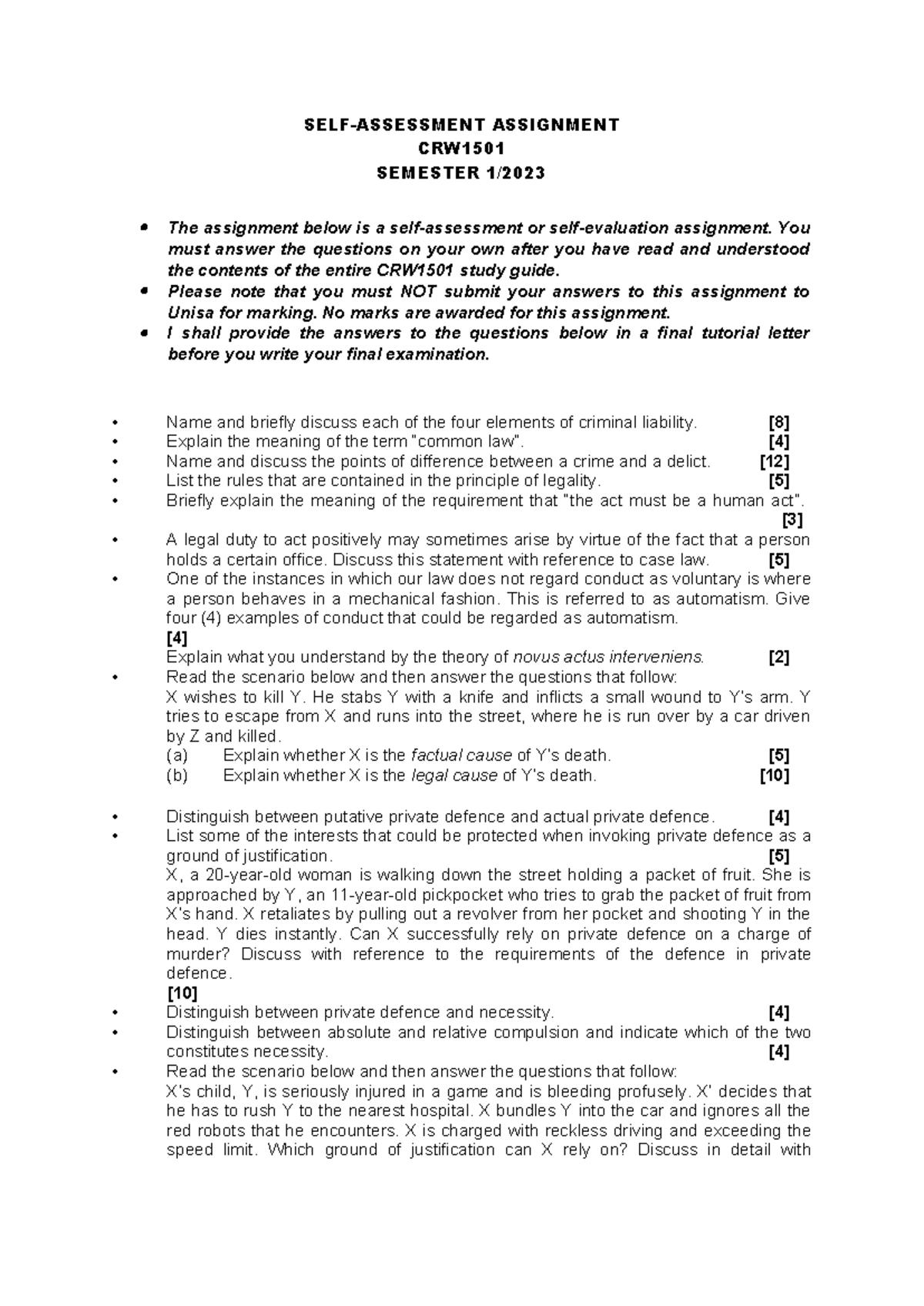 Self Assessment Assignment Sem 1 2023 CRW1501 - SELF-ASSESSMENT ...