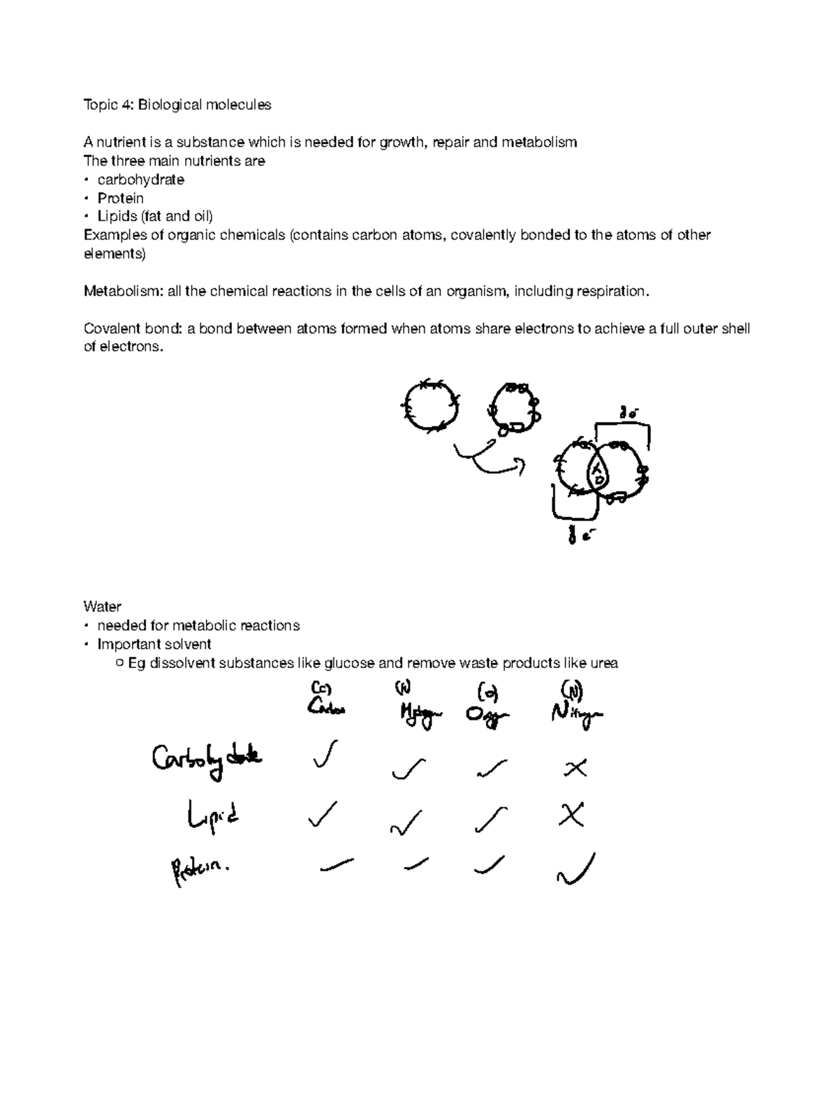 GCSE Biology Topic 4 - bio - Topic 4: Biological molecules A nutrient ...