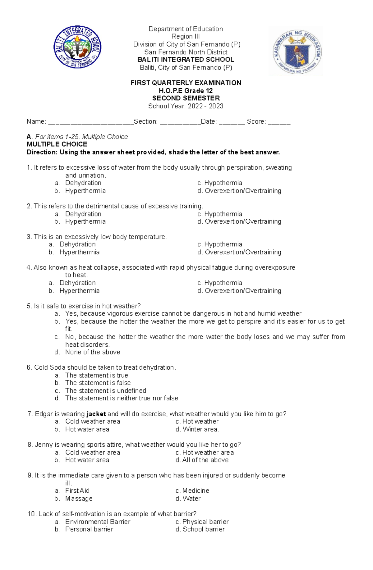 Grade 12 Hope 2nd sem 2022 2023 - Department of Education Region III ...