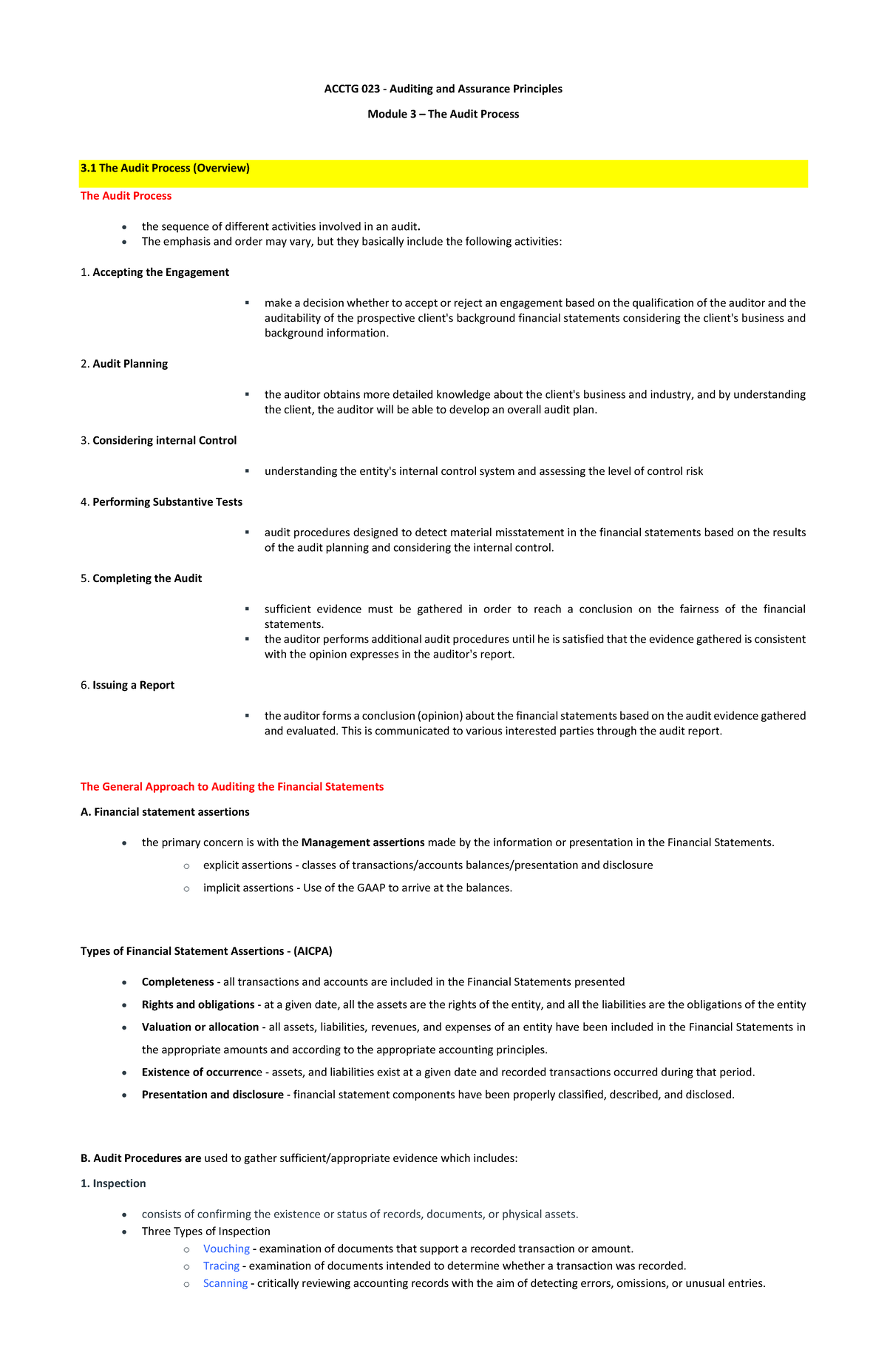 ACCTG 023 Module 3 The Audit Process - ACCTG 023 - Auditing and ...