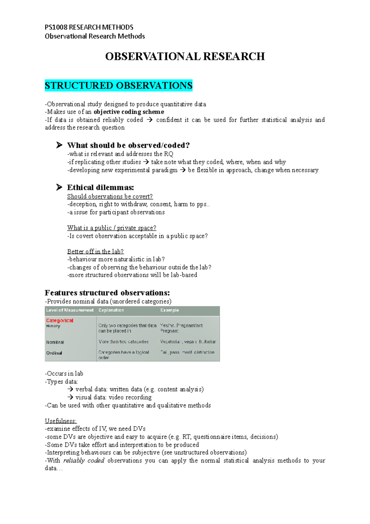 Observational Research - PS1008 RESEARCH METHODS Observational Research ...
