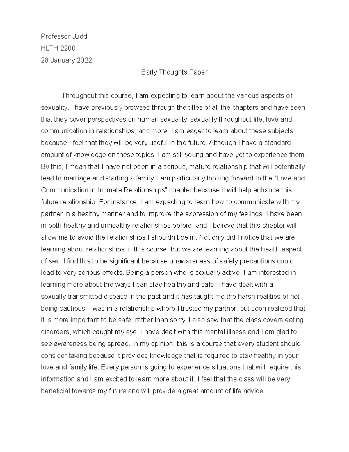 Early Thoughts Paper - Professor Judd HLTH 2200 28 January 2022 Early ...