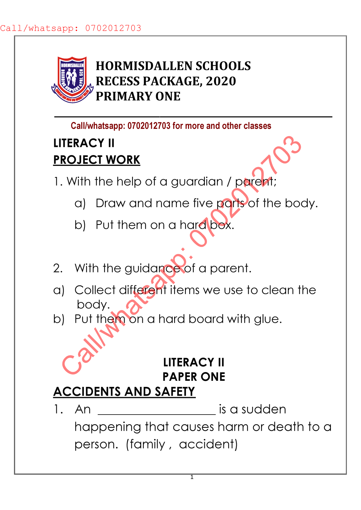 P 1 Literacy Recess Package - HORMISDALLEN SCHOOLS RECESS PACKAGE, 2020 ...