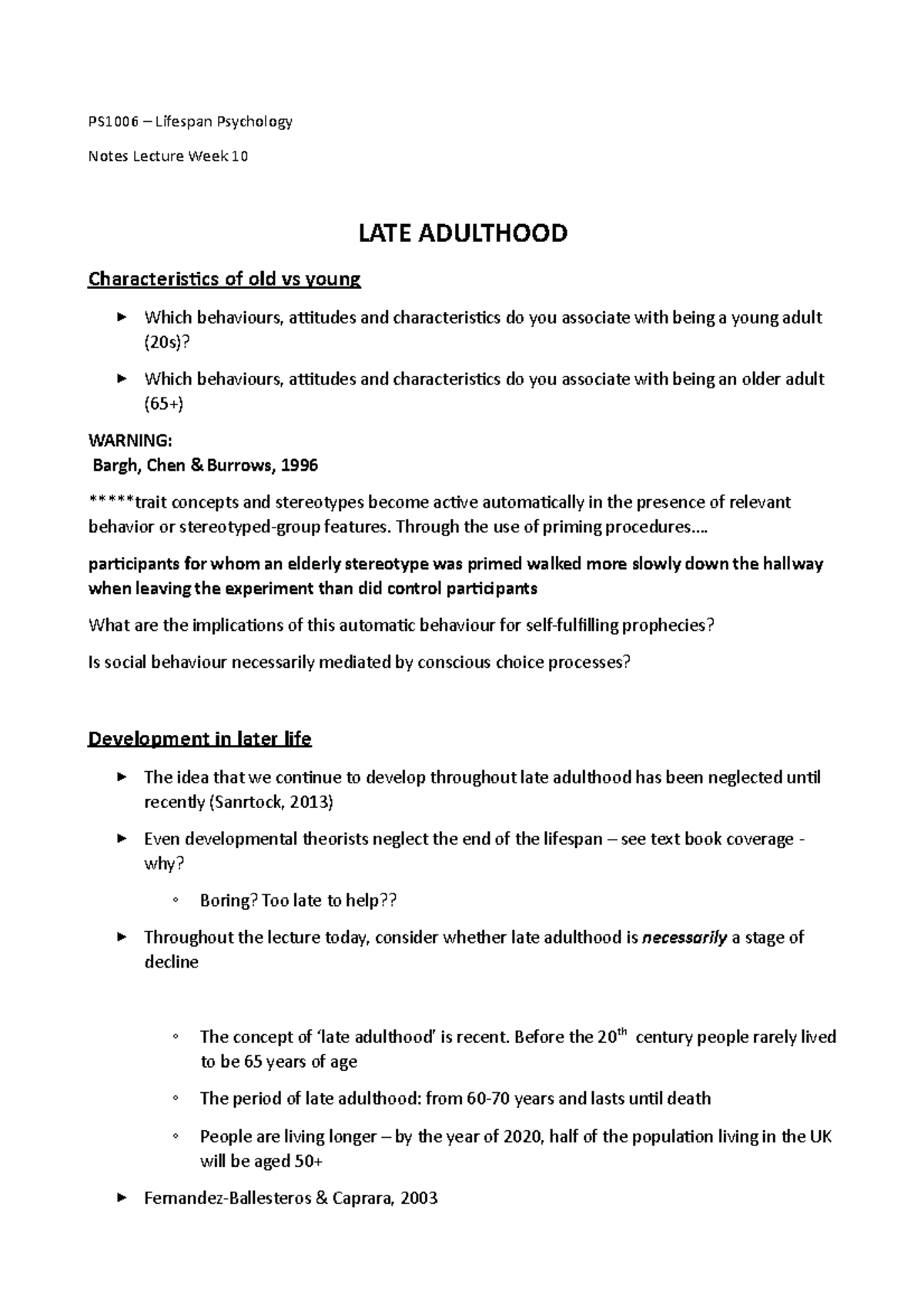 Late Adulthood - Lecture 10 - PS1006 – Lifespan Psychology Notes ...