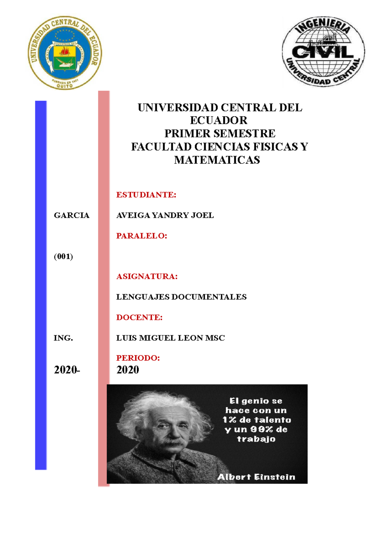 Caratula Primer Semestre - UNIVERSIDAD CENTRAL DEL ECUADOR PRIMER ...