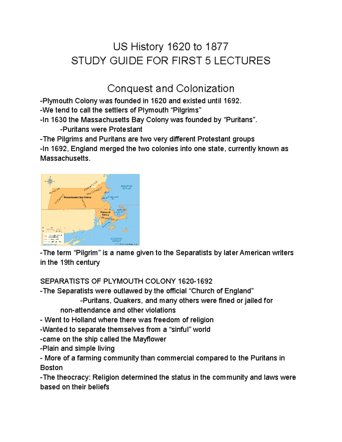 TTU US History TO 1877 Study Guide First 5 Lectures - US History 1620 ...