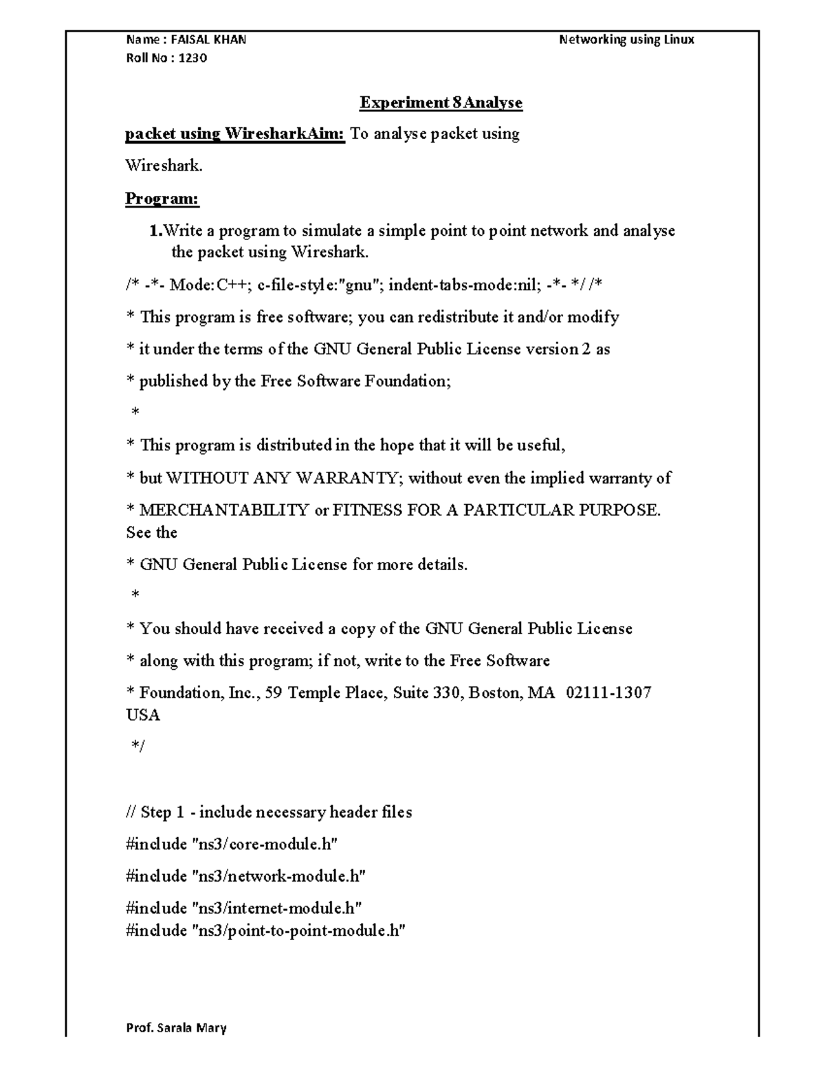 Wireshark - MCA - Roll No : 1230 Experiment 8Analyse packet using WiresharkAim: To analyse ...