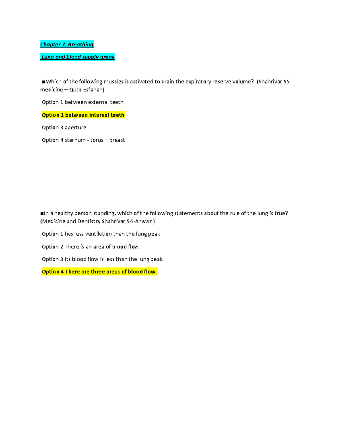physiology test msq - Chapter 7: Breathing Lung and blood supply areas ...