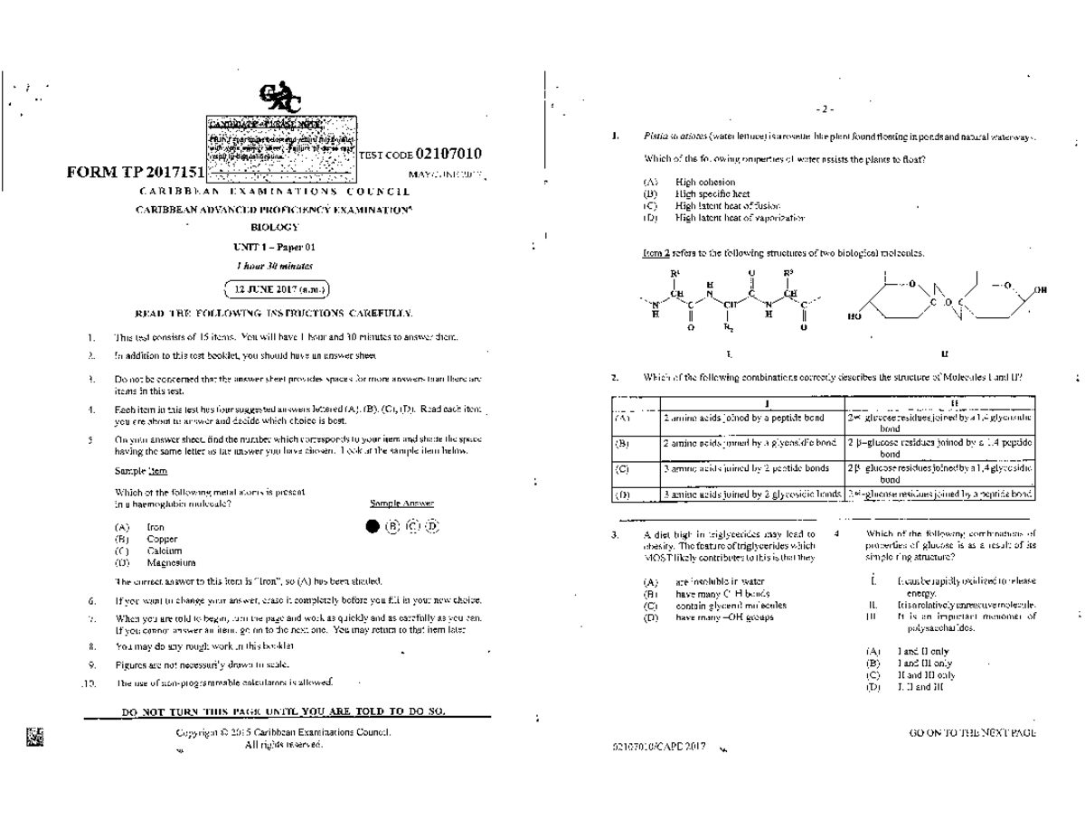 Biology P1 June 2017 - Examination Past paper - i TEST CODE 021O7O1O ...