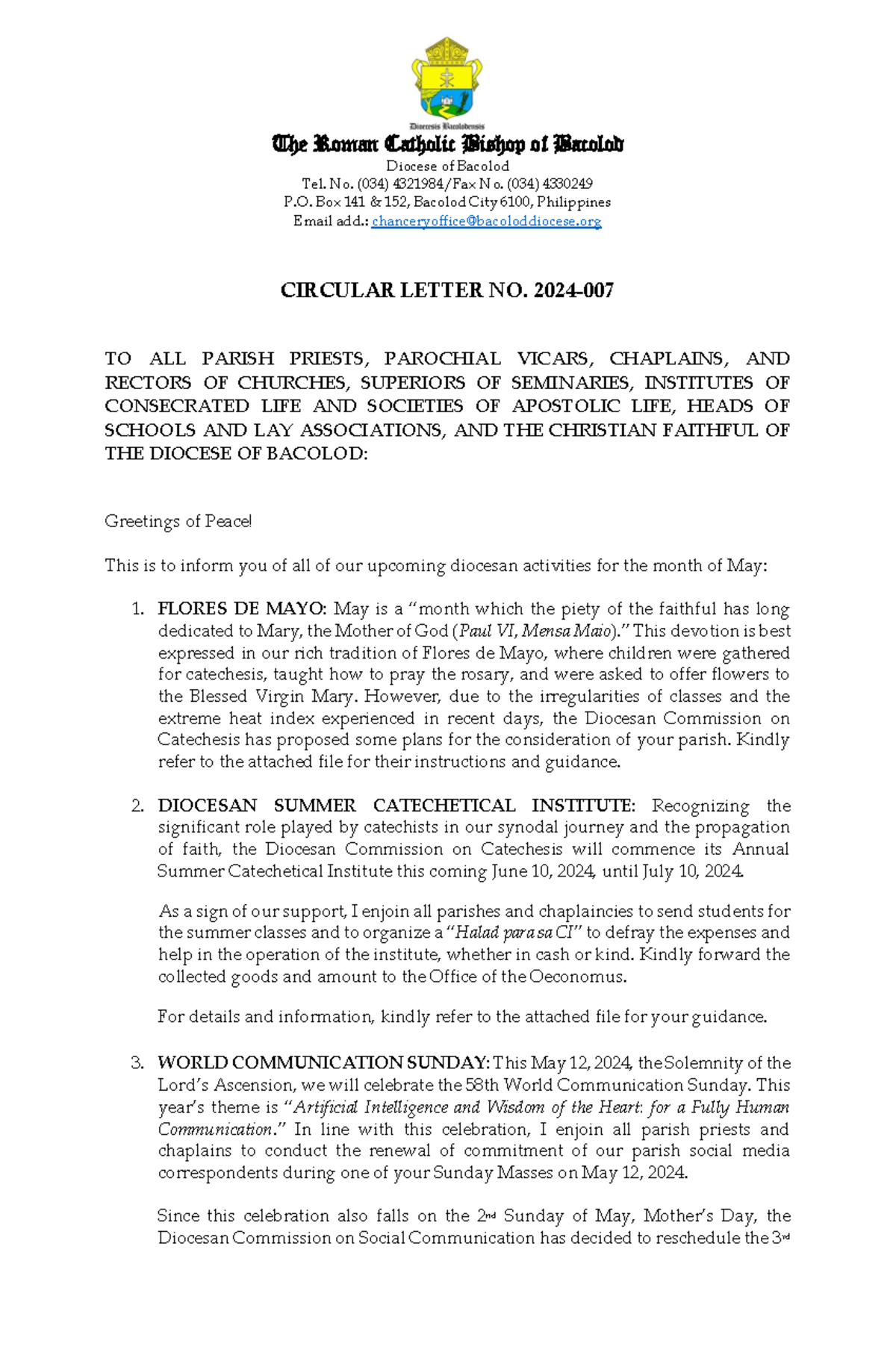 Circular-Letter-No - The Roman Catholic Bishop of Bacolod Diocese of Bacolod Tel. No. (034 ...