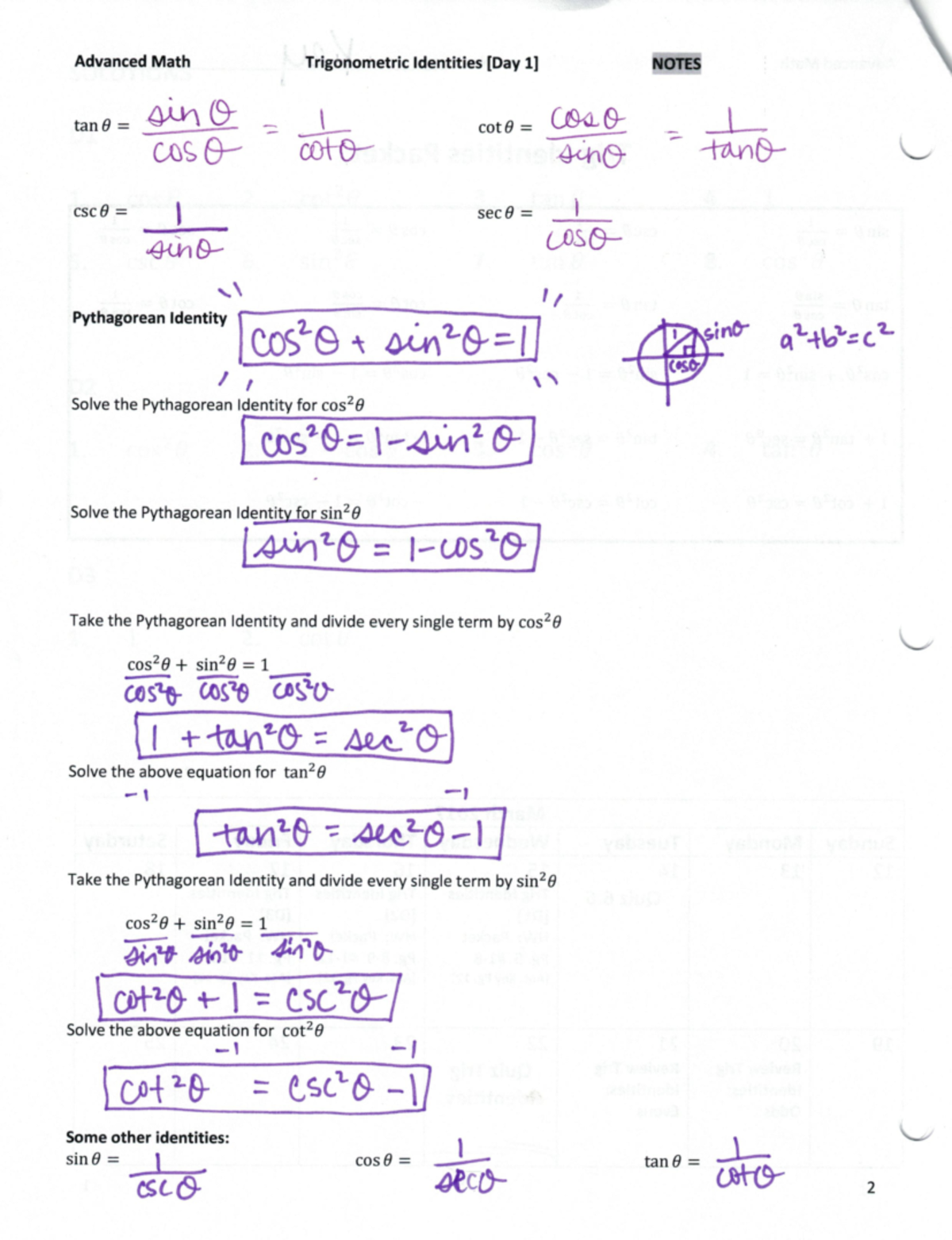 Trig Identities Notes And Hw Packet Solution Key Advanced Math