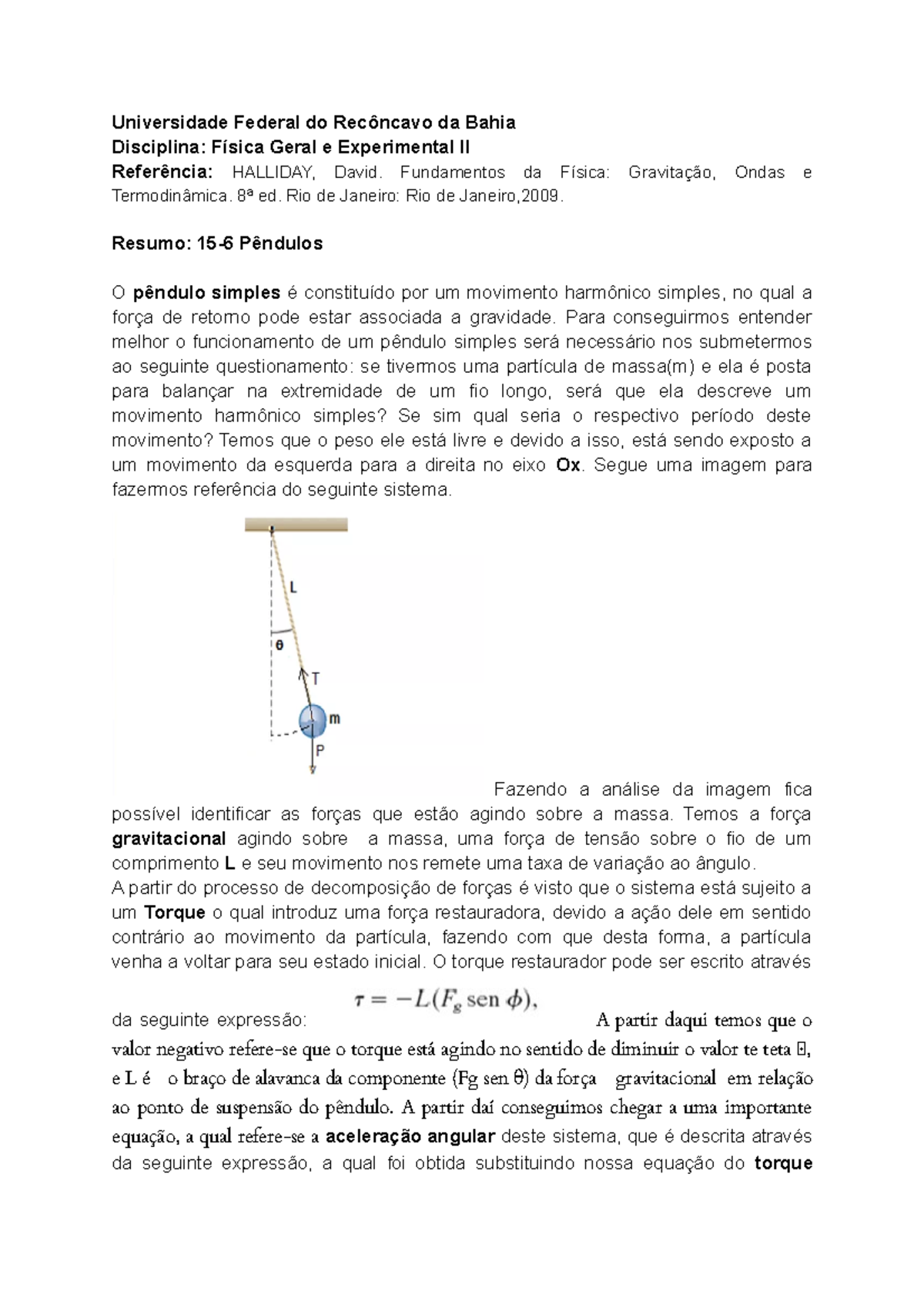 Resumo 15-6 Pêndulo simples - Universidade Federal do Recôncavo da ...